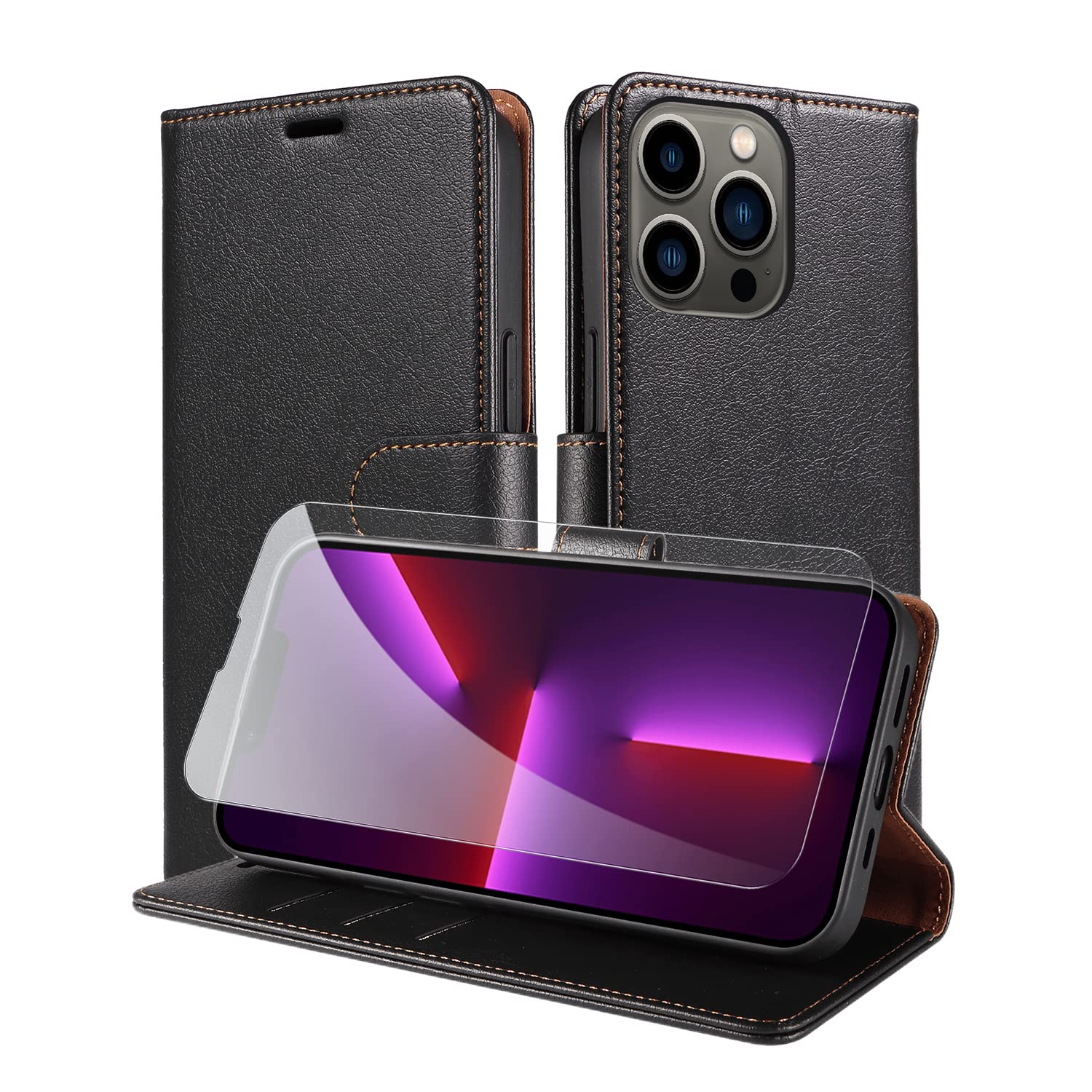 NEWAYGRAND Wallet Case for iPhone 13 Pro with 1 Tempered Glass, PU ...