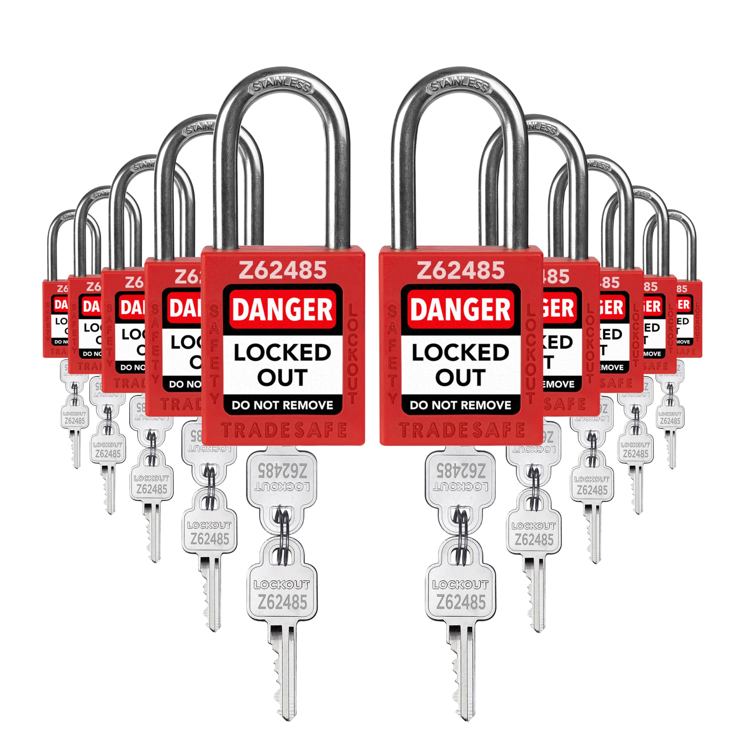 TRADESAFE Lockout Tagout Lock Sets, 10 Red Keyed Alike Safety Padlocks ...