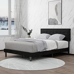 Tuconia Queen Size Bed Frame Linen Upholstered Platform with Adjustable Headboard Wood Slats ...