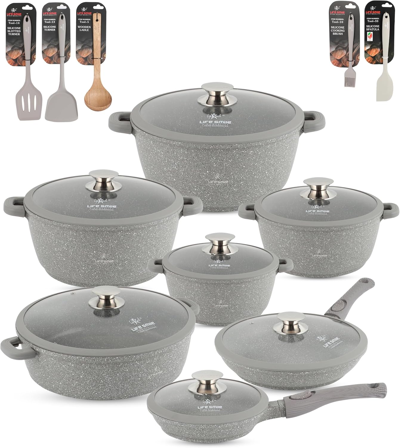 LIFE SMILE Cookware Set - 29 pieces Pots and Pans set Granite Non Stick ...