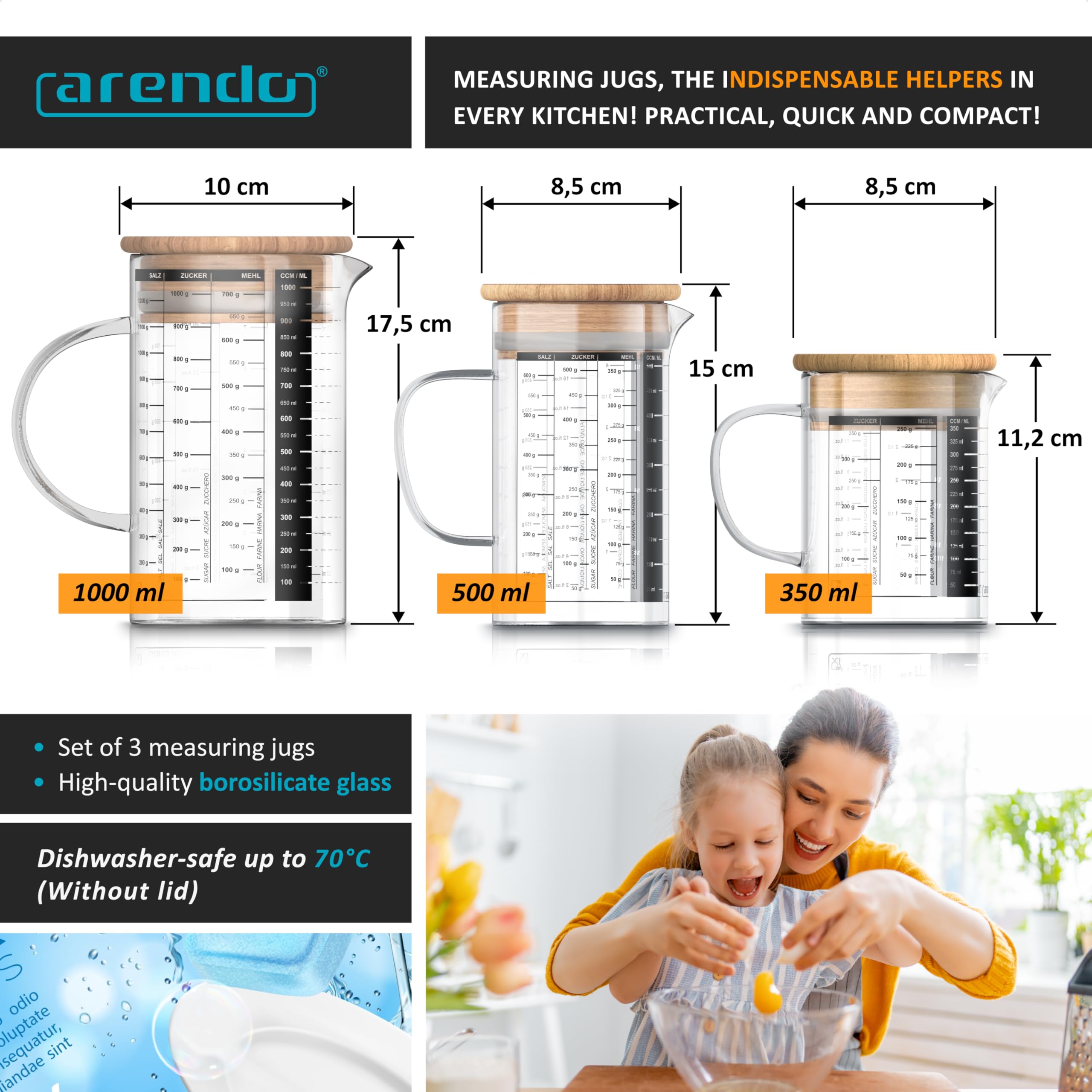 Arendo Set Glass Measuring jugs 350 + 500 ml 1000ml (0,35l 0,5l 1l ...