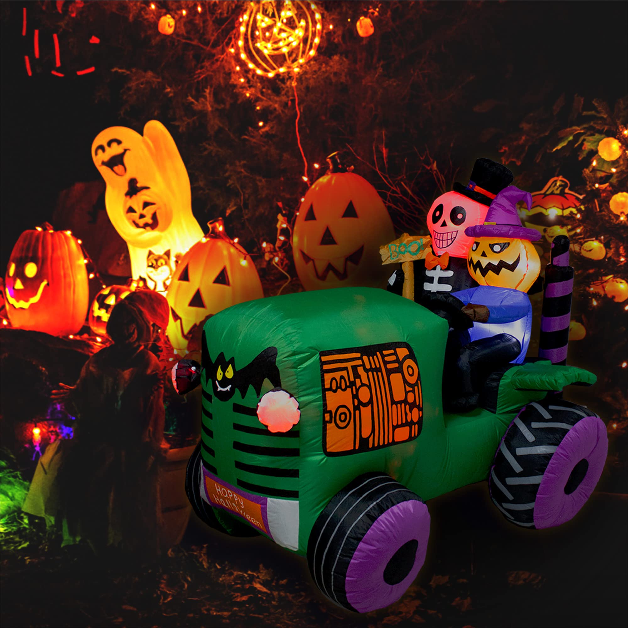 VIKIMORA 5.5Ft Long Halloween Inflatable Ghost Tractor LED Lights Decor ...