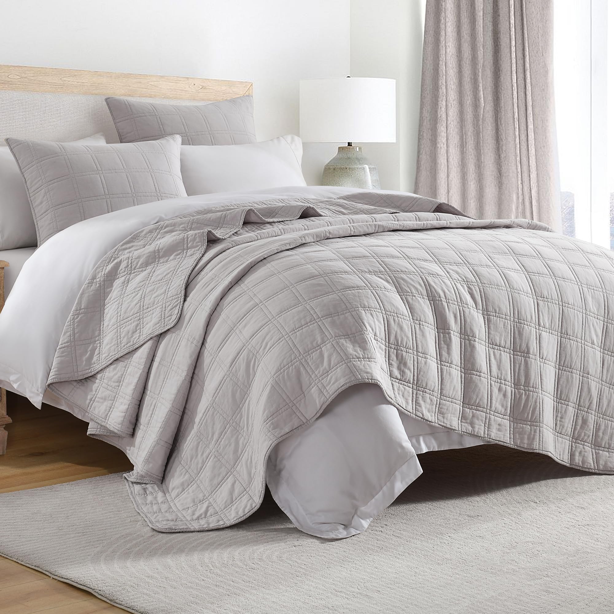 HORIMOTE HOME 100% Cotton Quilt Set Queen Size, Light Grey Pre-Washed ...