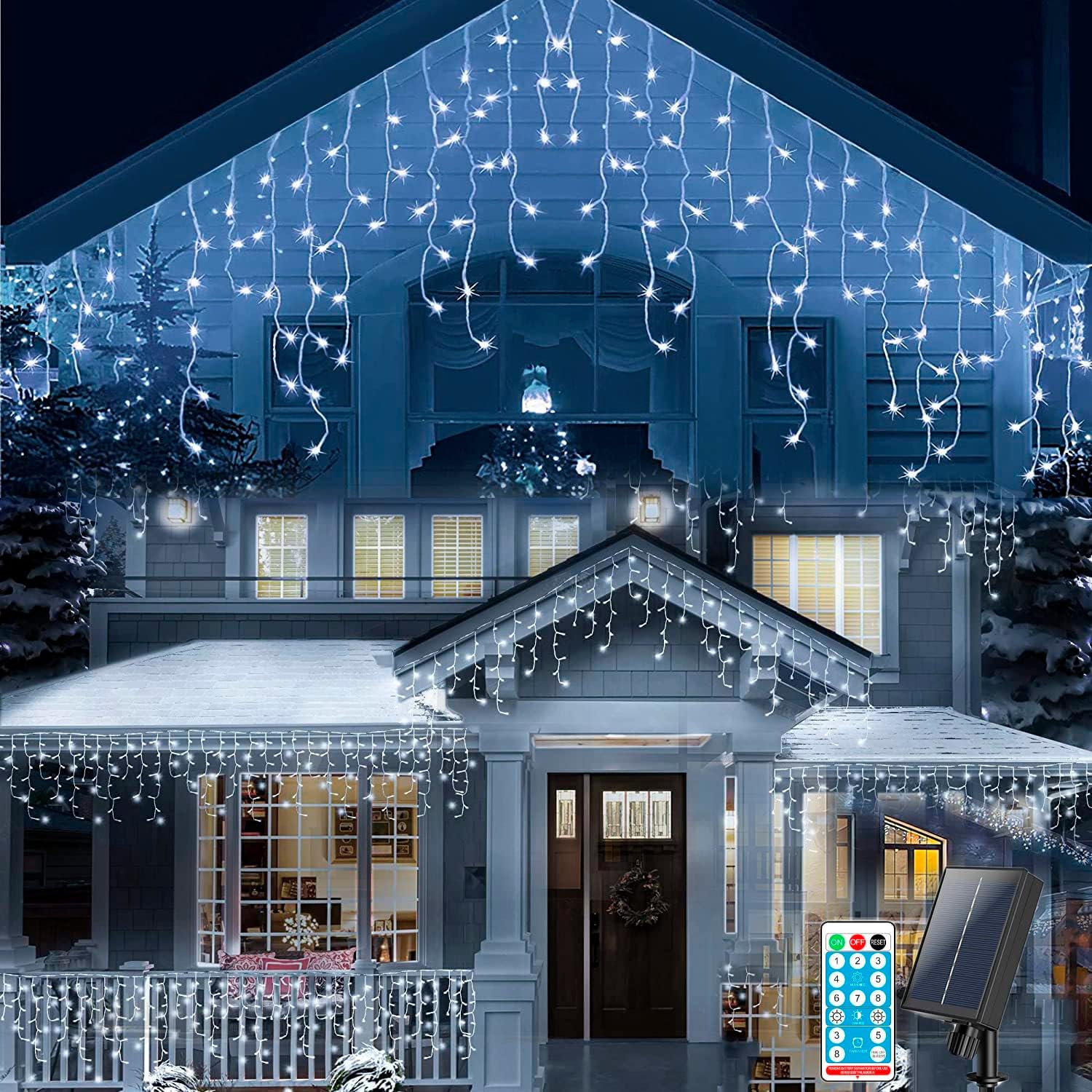 AMZSTAR 32.8ft 300LED Icicle String Lights Solar Hanging Light 8 Modes ...