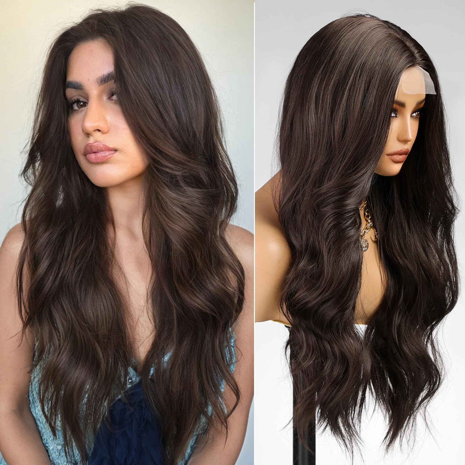 Amazon.com : KOME Dark Brown Long Wavy Wig for Women,Middle Part Curly ...