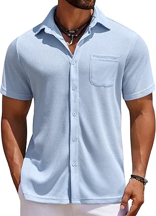 Amazon.com: COOFANDY Men's Knit Button Down Shirts Casual Short Sleeve Polo Shirt Summer Beach ...