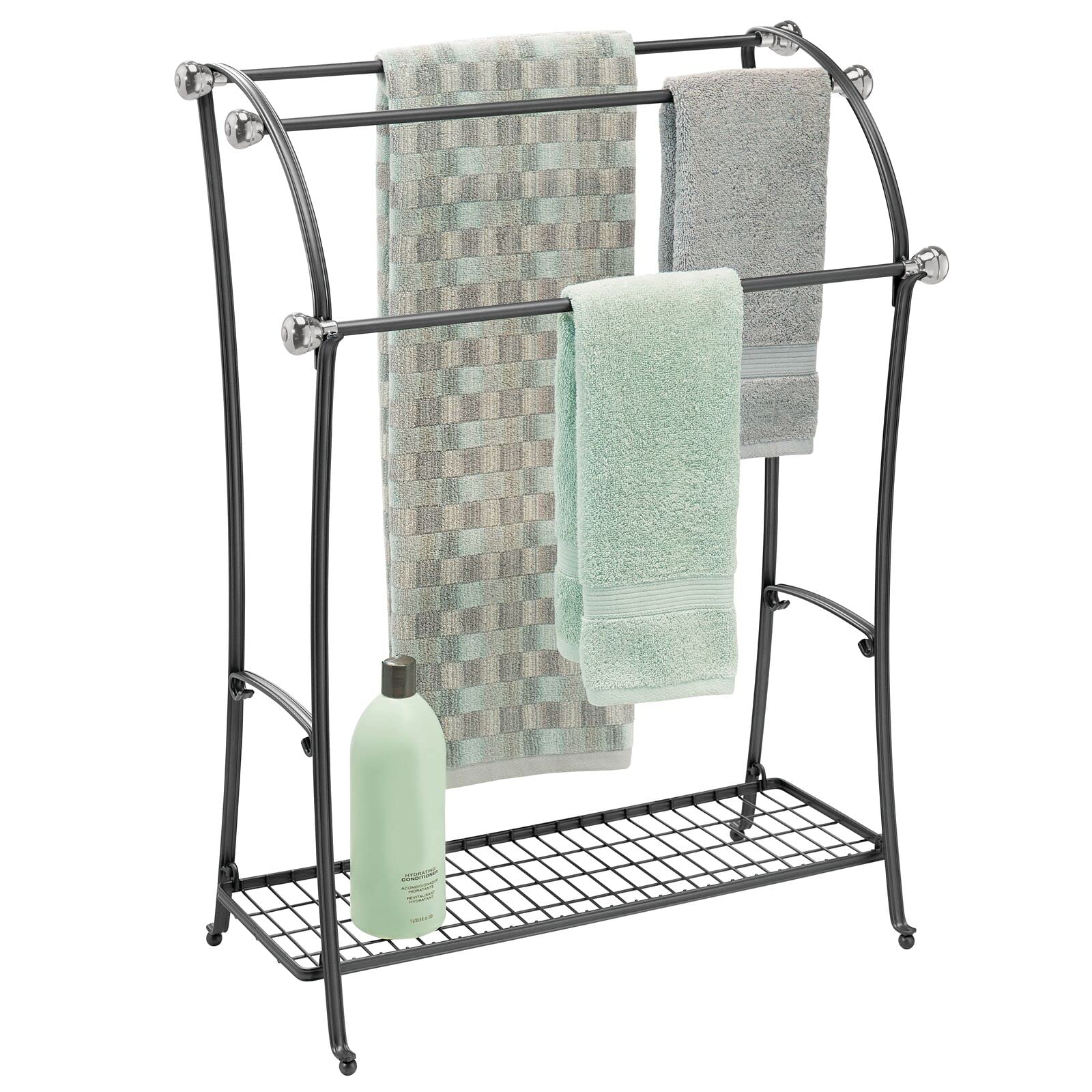 mDesign Large Standing Metal Bathroom Towel Holder Stand with Shelf - 3 ...