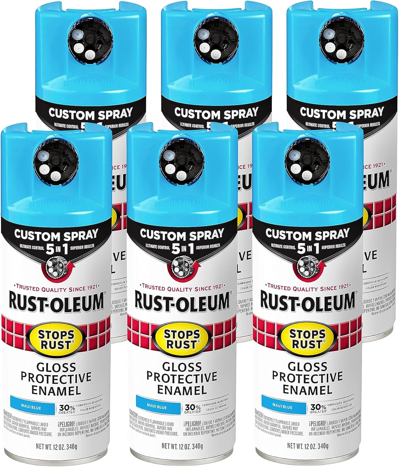 Rust-Oleum 376907-6PK Stops Rust Custom Spray 5-in-1 Spray Paint, 12 oz, Gloss Maui Blue, 6 Pack ...