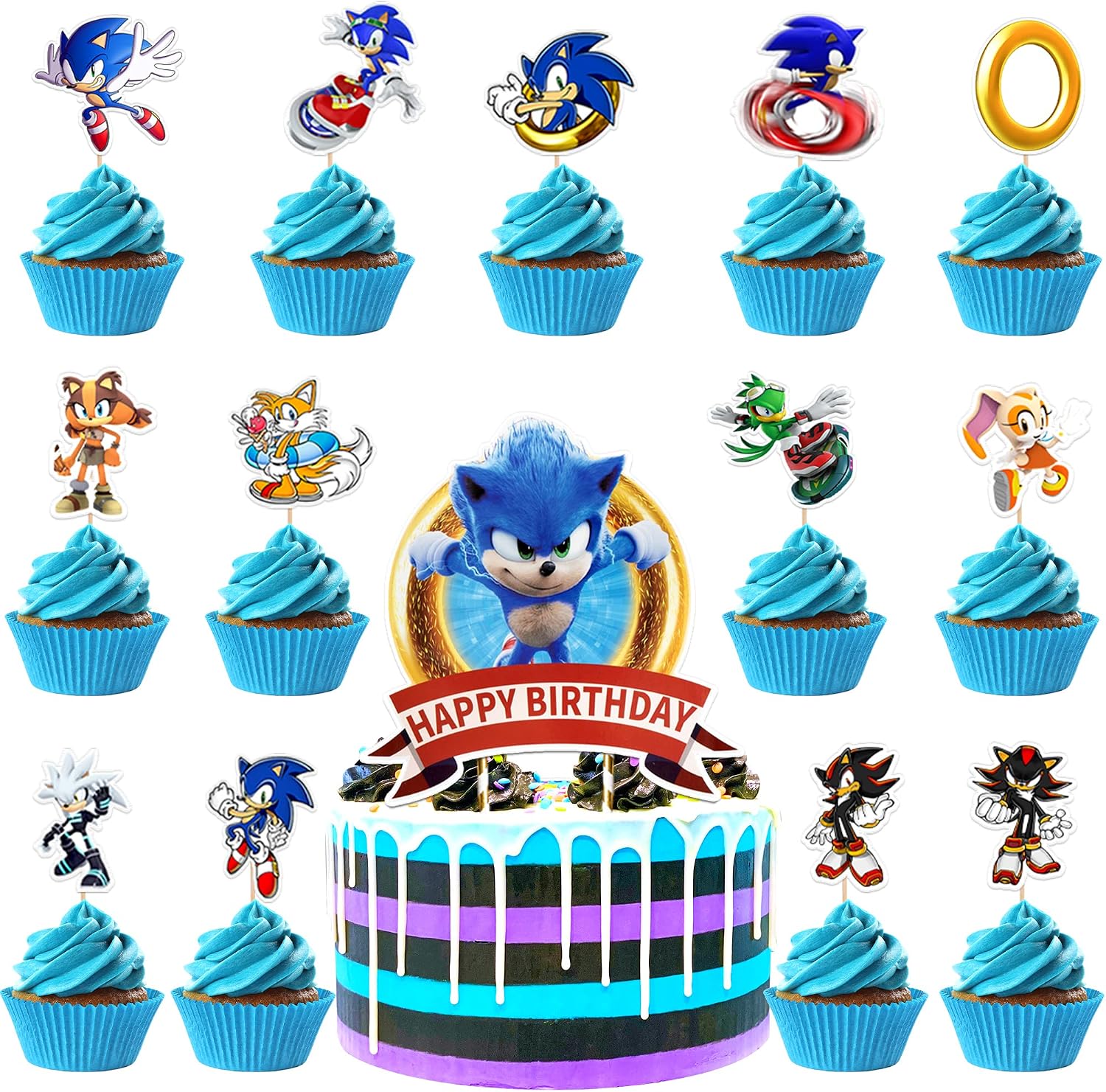 Amazon.com: 33 Pcs Sonic Cake Topper and Cupcake Toppers Set,Sonic ...