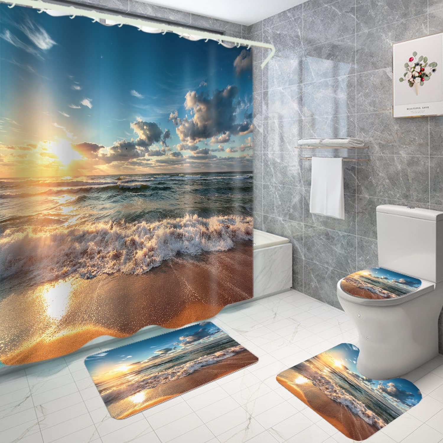 Amazon.com: LYFANS Shower Curtain and Bathroom Carpet Non-Slip Toilet ...