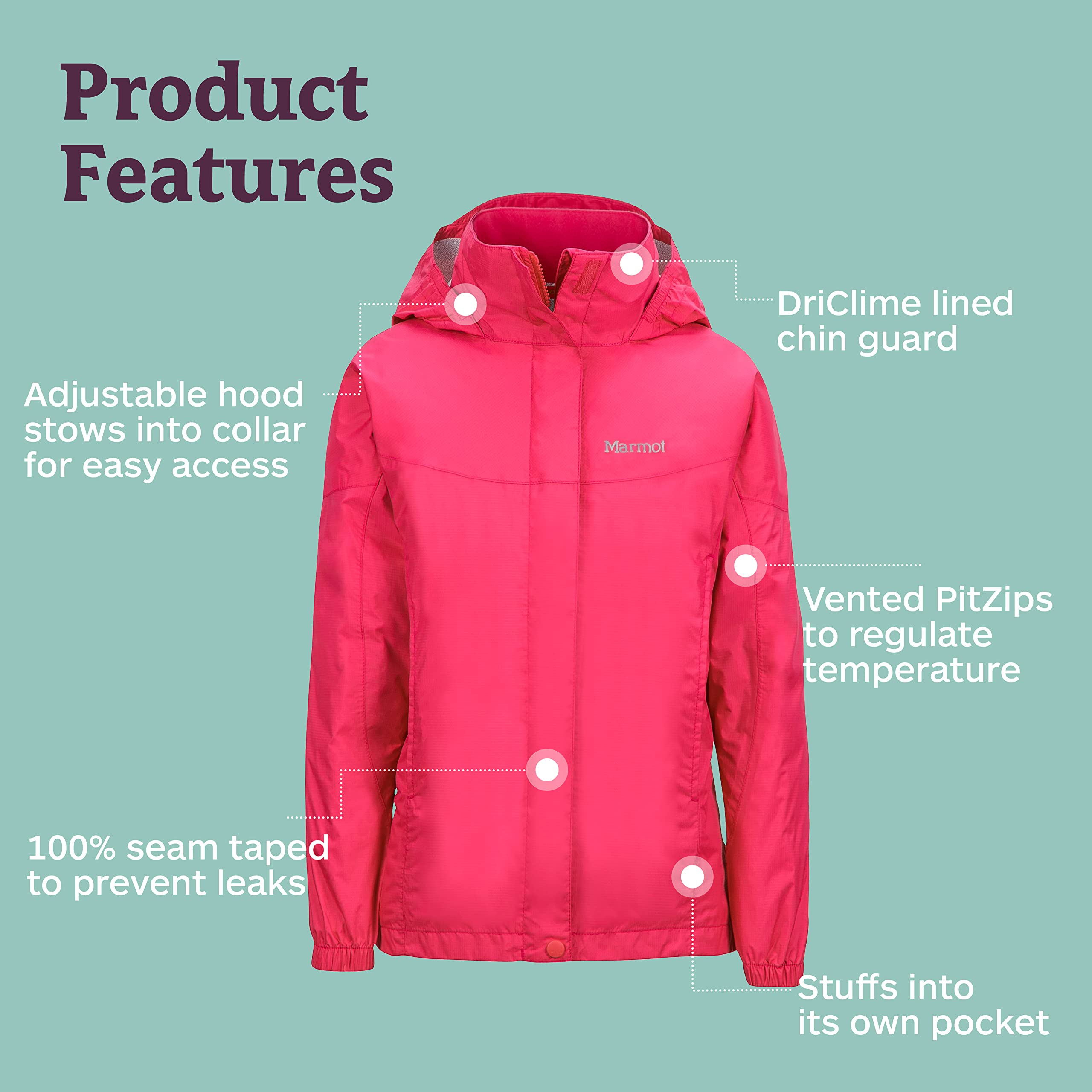 MARMOT Girlsâ€™ PreCip Jacket | Lightweight, Waterproof, Pink Rock, X-Large