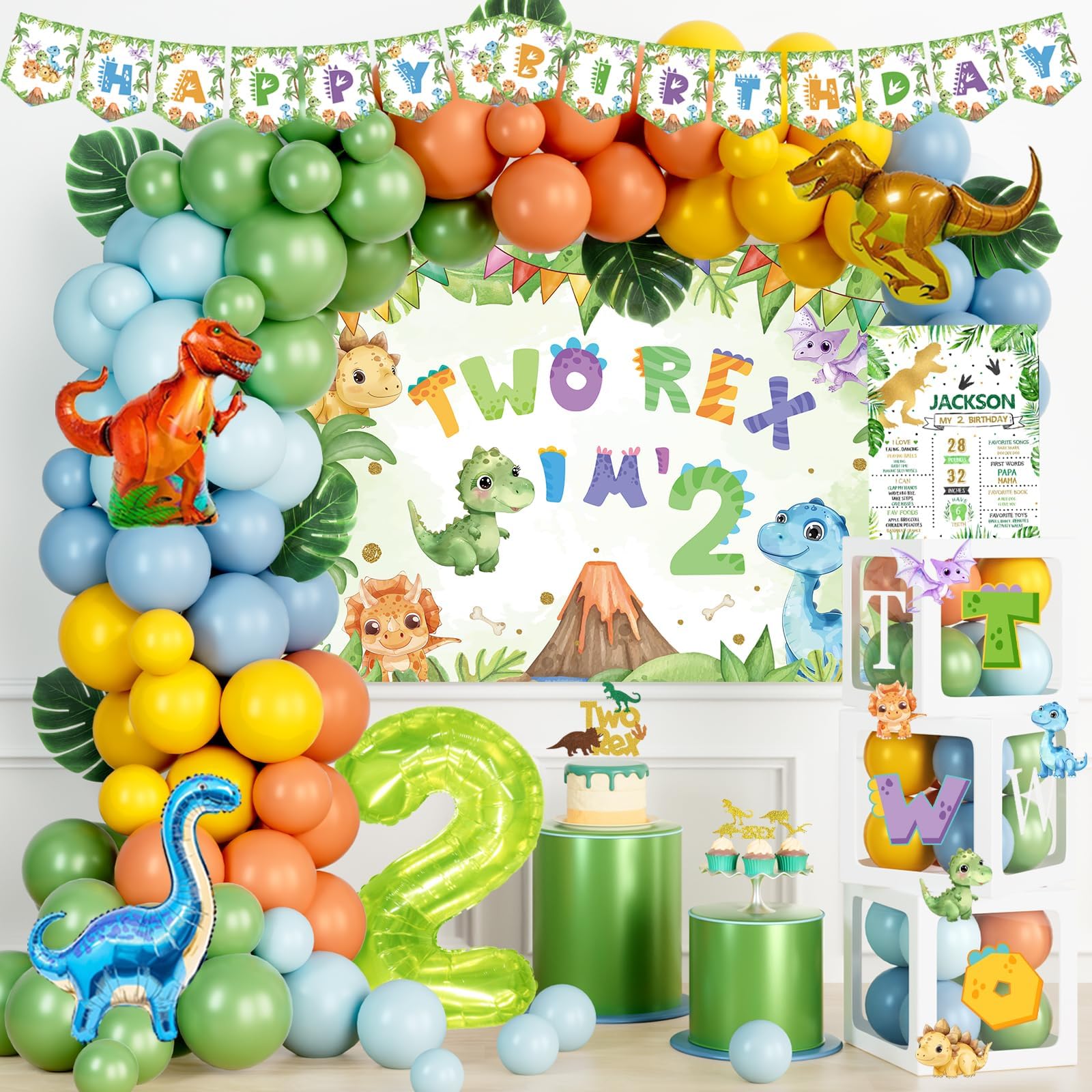 Amazon.com: Fiesec Two Rex Birthday Decorations Boy, 2nd Birthday ...