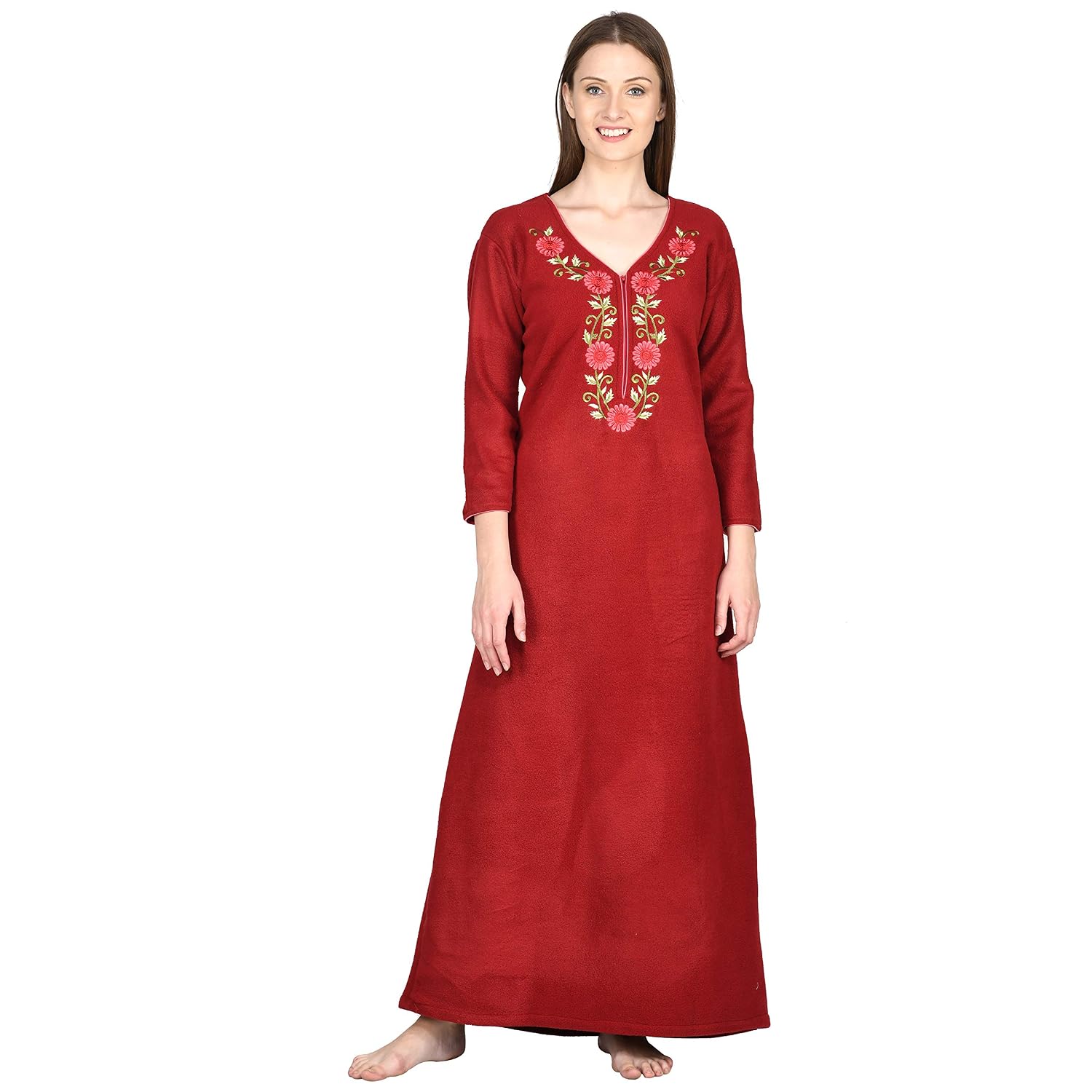 Buy Noty Women Woolen Winter Fleece Nighty 3/4 Sleeve - (Maroon) at ...