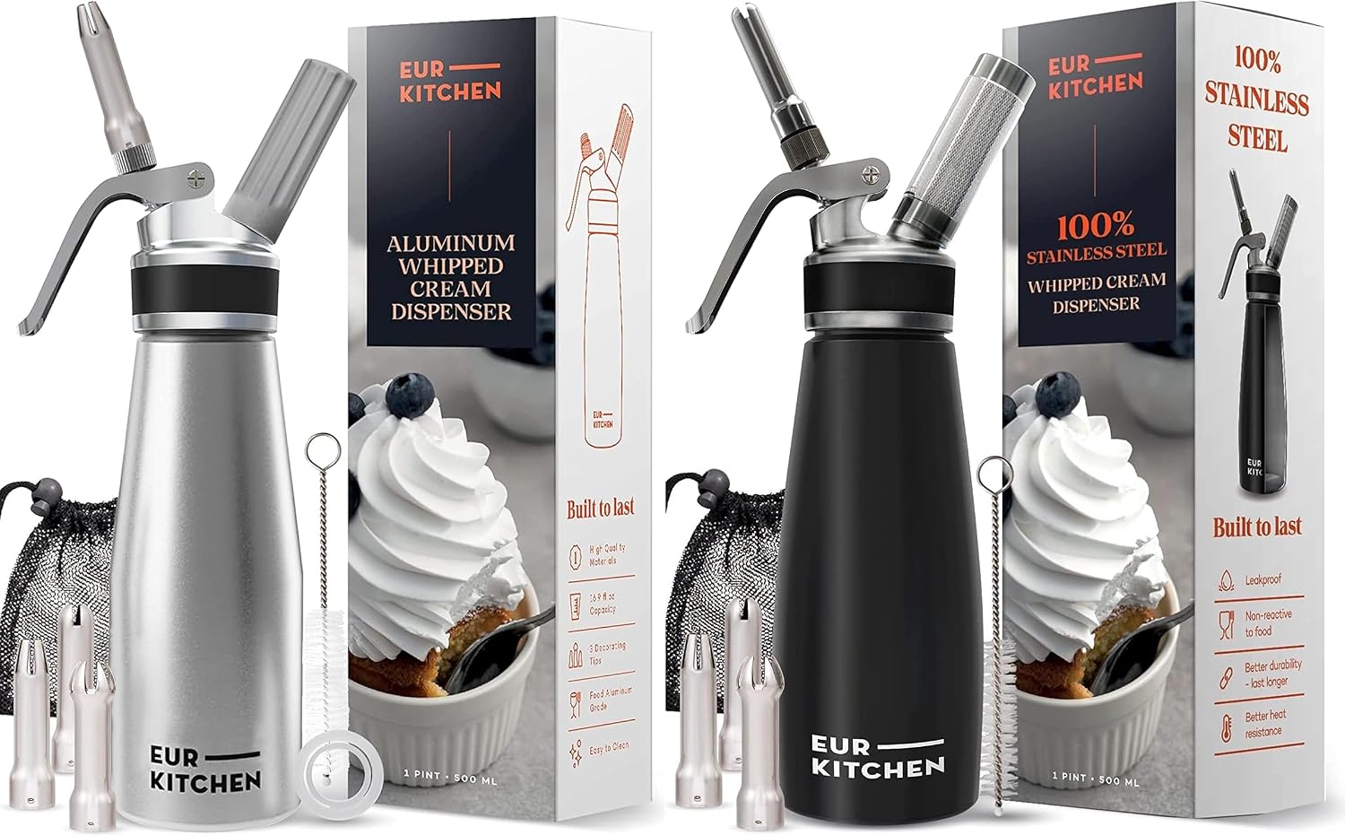 Amazon.com: EurKitchen Whipped Cream Dispensers (Gray + Stainless Steel ...