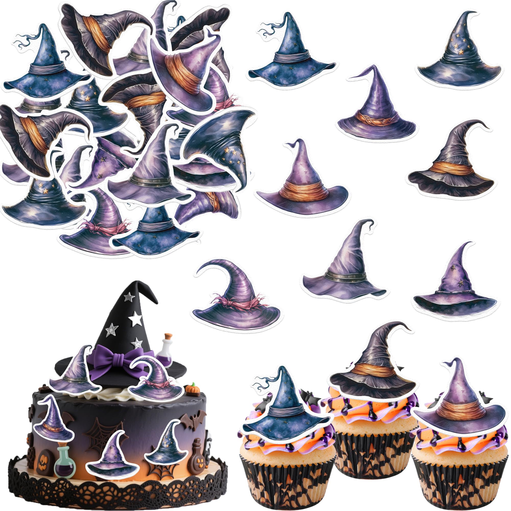 45pcs Edible Witch Hat Cupcake Toppers Wafer Paper Halloween Hat ...