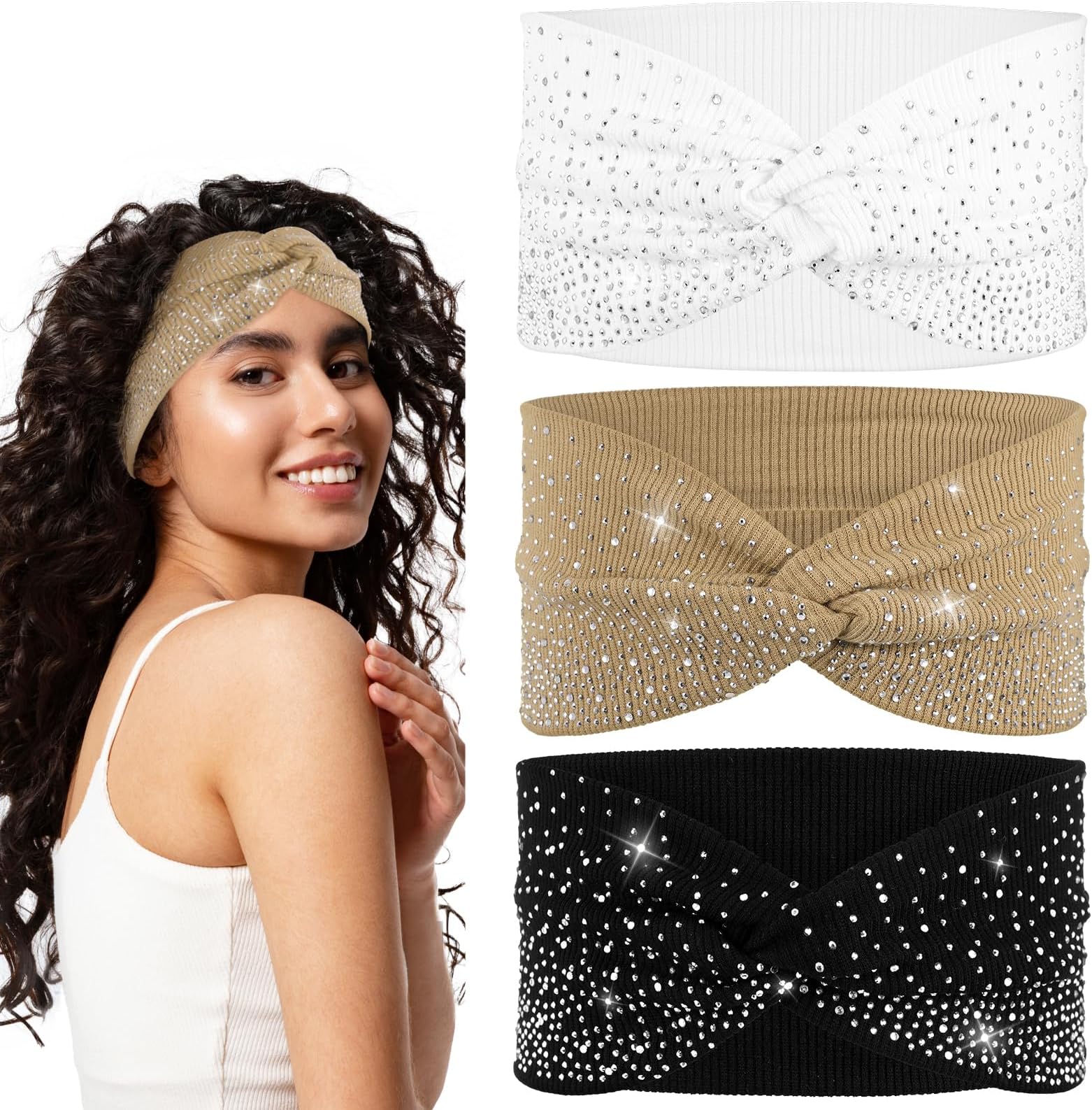 Amazon.com : LLOUSSAK 3Pcs Rhinestone Headbands for Women, Bling Wide ...