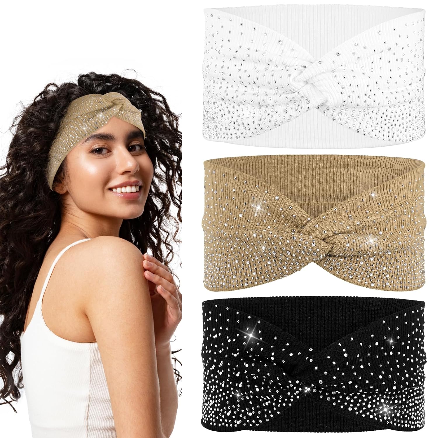 Amazon.com : LLOUSSAK 3Pcs Rhinestone Headbands for Women, Bling Wide ...