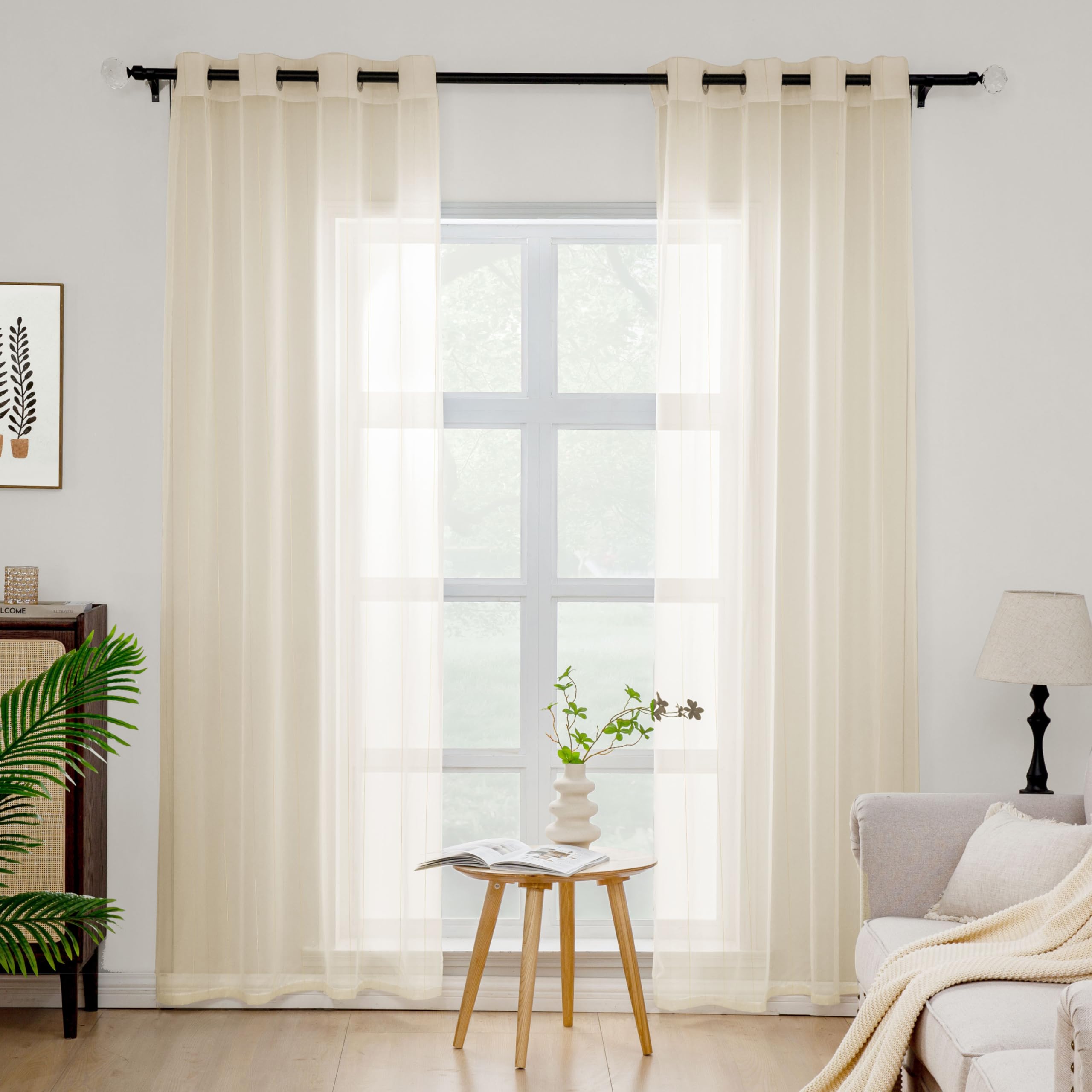 Amazon.com: MISSTIAM Stripe Beige Sheer Curtains 84 inch Length 2 ...