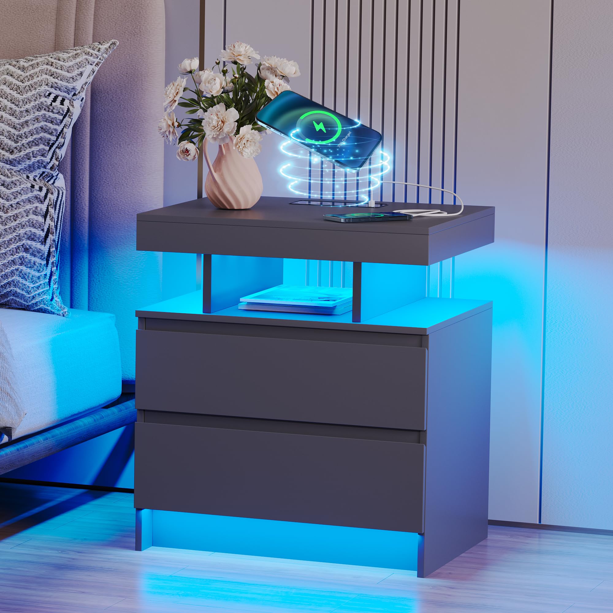 Amazon.com: dnbss Nightstand with Charging Station and LED Light ...