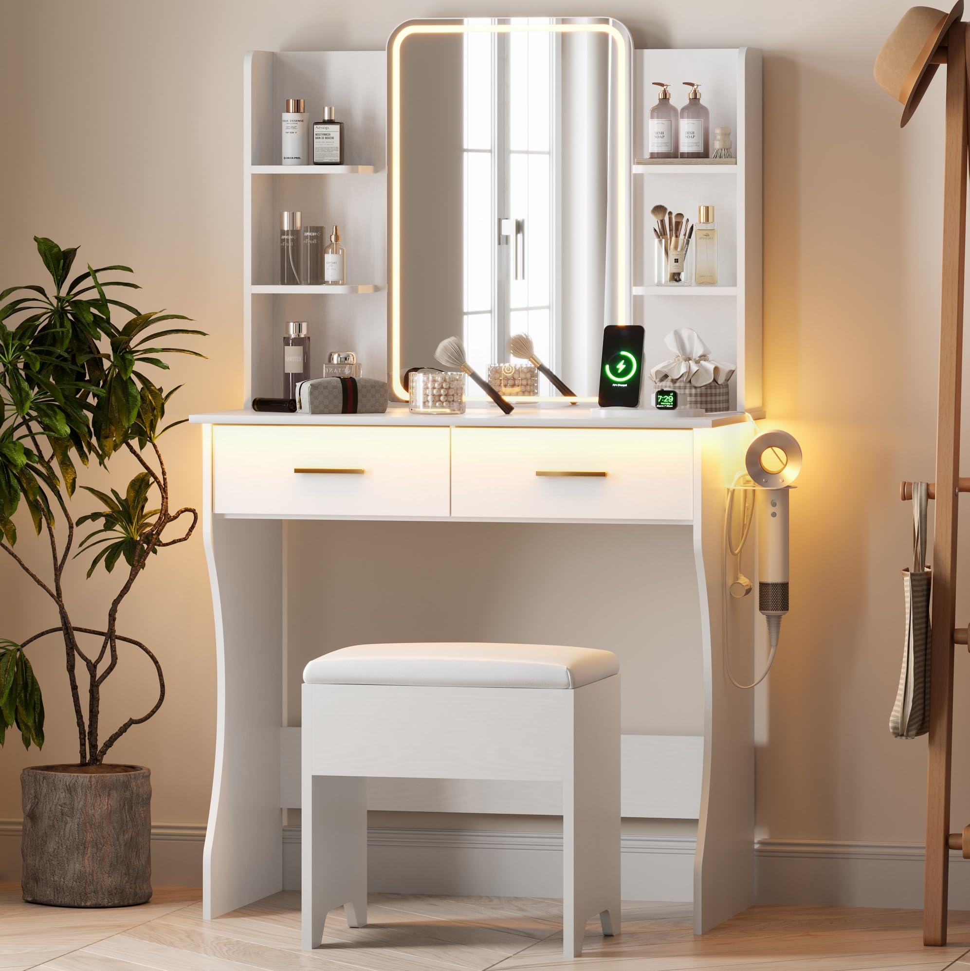 Amazon.com: Small Vanity Desk with Mirror and Lights, Makeup Vanity ...