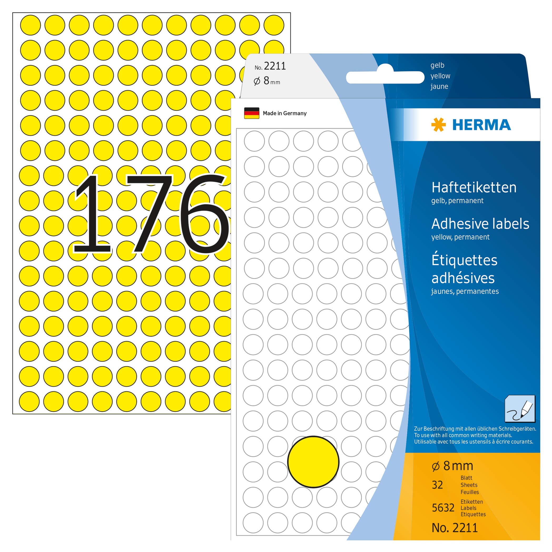 HERMA Dot Stickers Yellow, 5632 Labels, Ø 8 mm, 176 Labels per Sheet ...