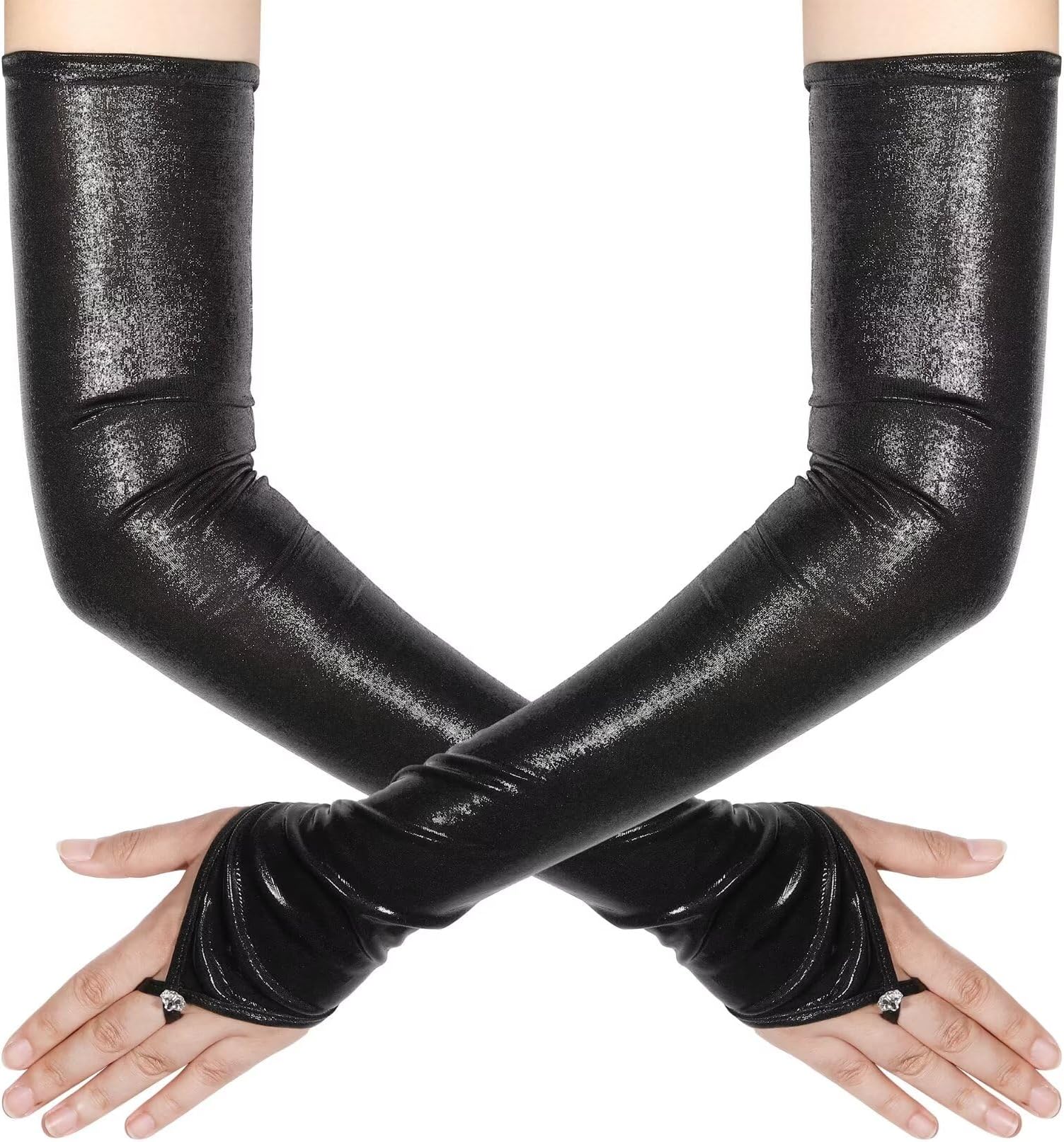 Amazon.com: Thereisno Sexy Long Black Metallic Feel Gloves Synthetic ...