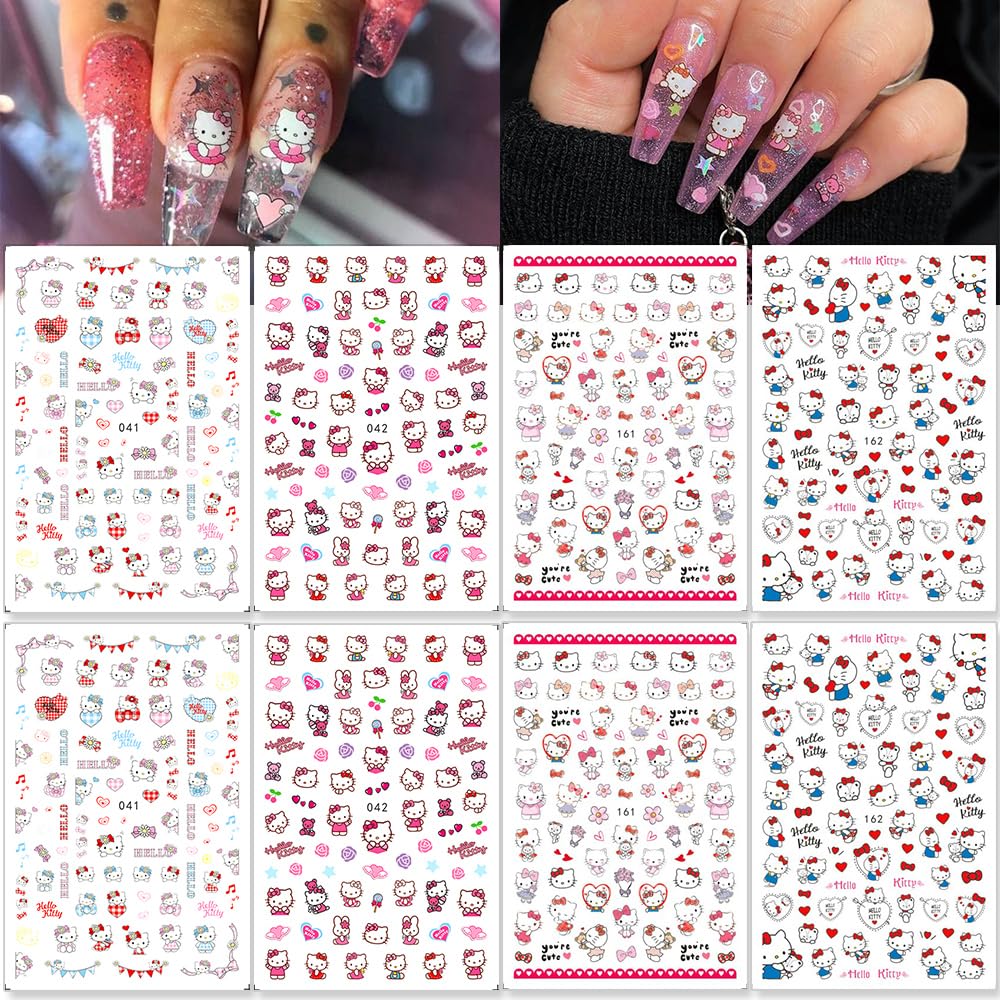 Amazon.com: 8 Sheets Cute Nail Stickers Cartoon Nail Decals 3D Self ...
