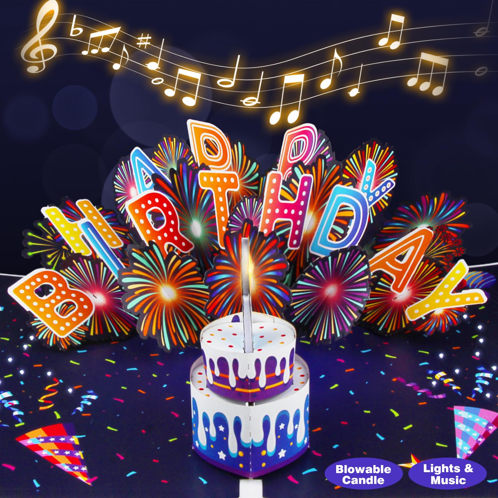 Amazon.com: MZD8391 Birthday Cards Fireworks 3D Pop Up Blowable Cake ...