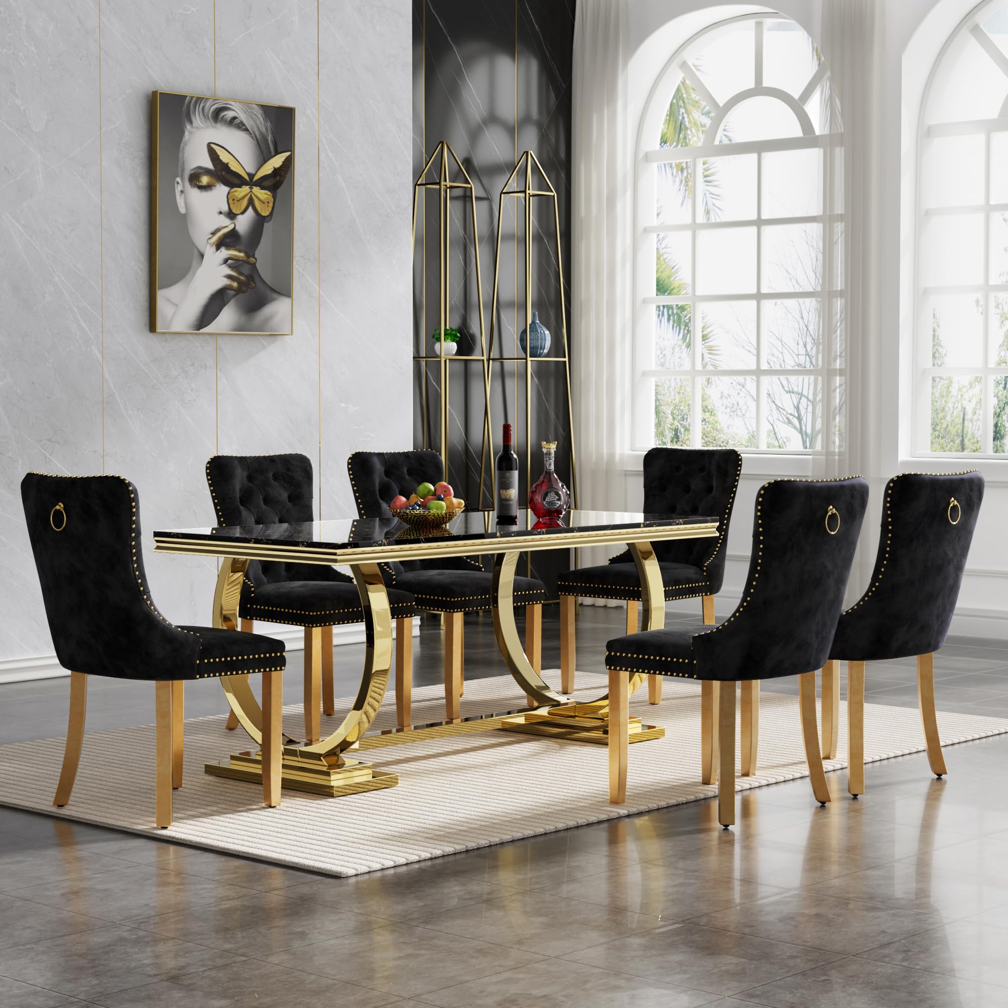 Amazon.com - Modern Marble Dining Table Set for 6, 7 Piece Black Faux ...