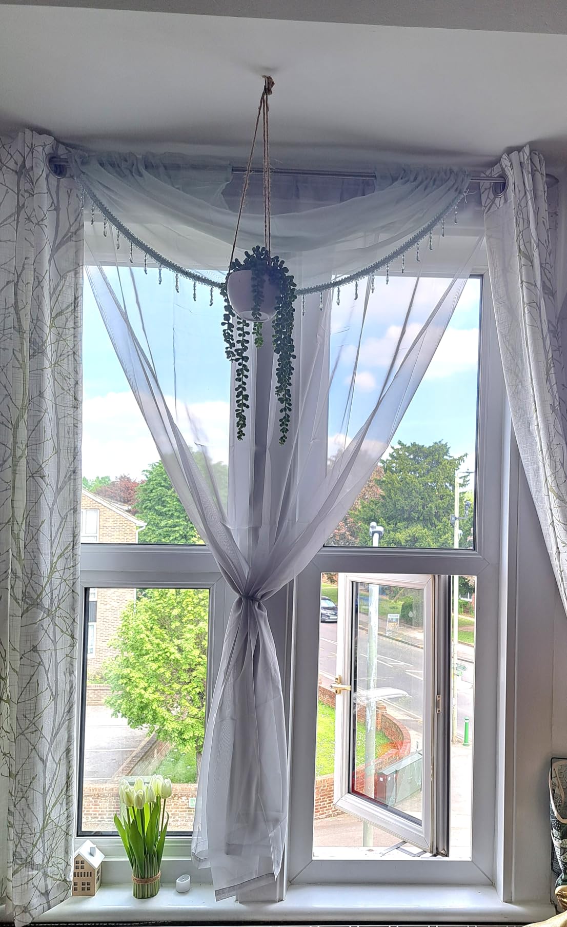 Plain Beaded Voile Swags Net Curtains Voile Swag Valance Pelmet (Yellow ...