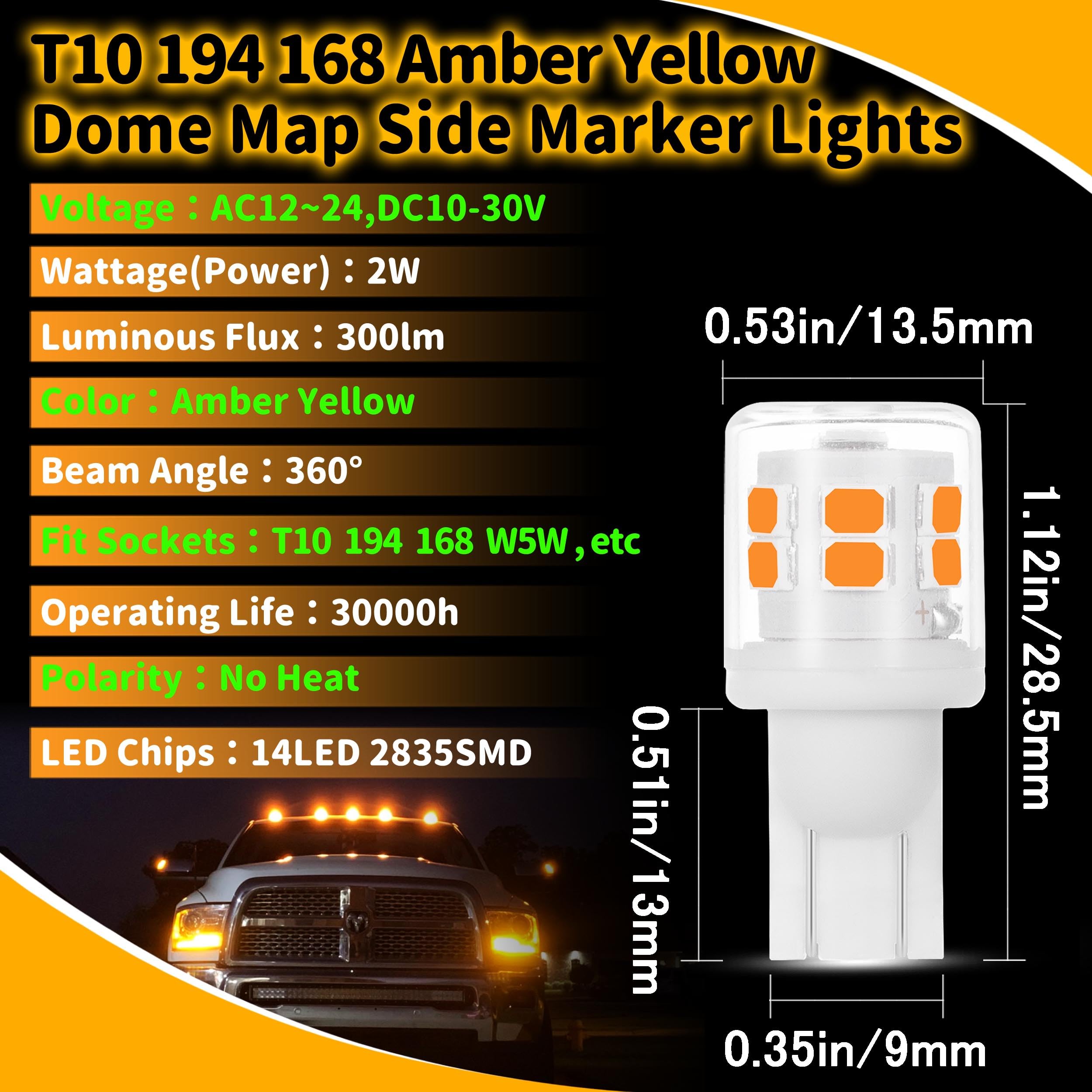 Snapklik.com : T10 194 LED Bulb Amber Yellow, Side Marker Lights T10 ...