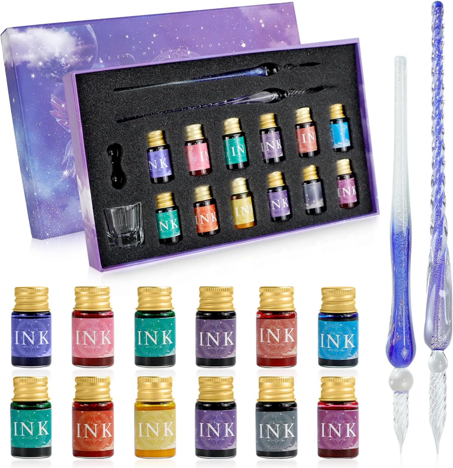 PDCTACST Glass Dip Pen Ink set, 12 Colors Calligraphy Ink Set with 1 ...