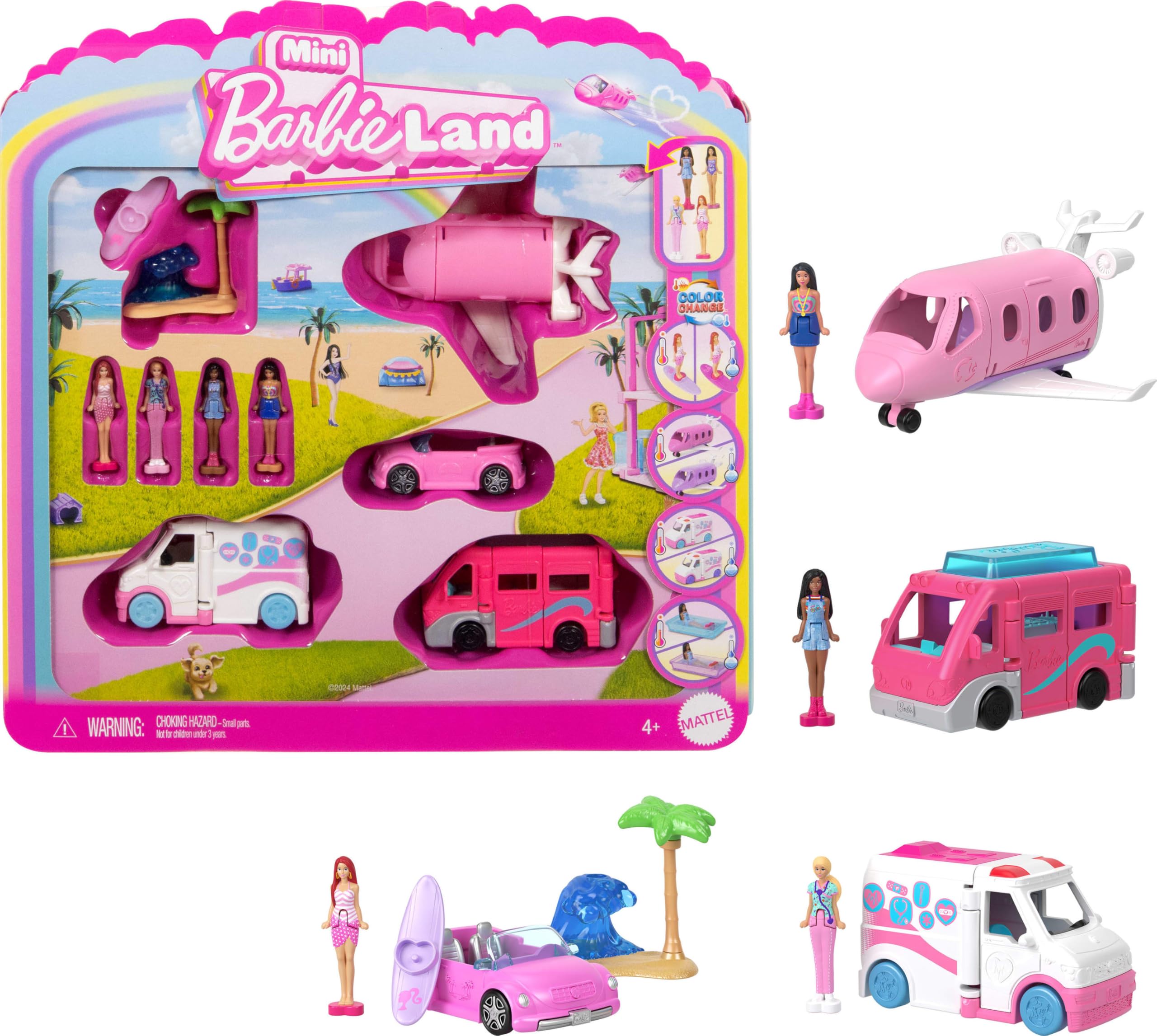 Amazon.com: Barbie Mini Land 4-Pack Doll & Toy Vehicle Set with 4 1.5 ...