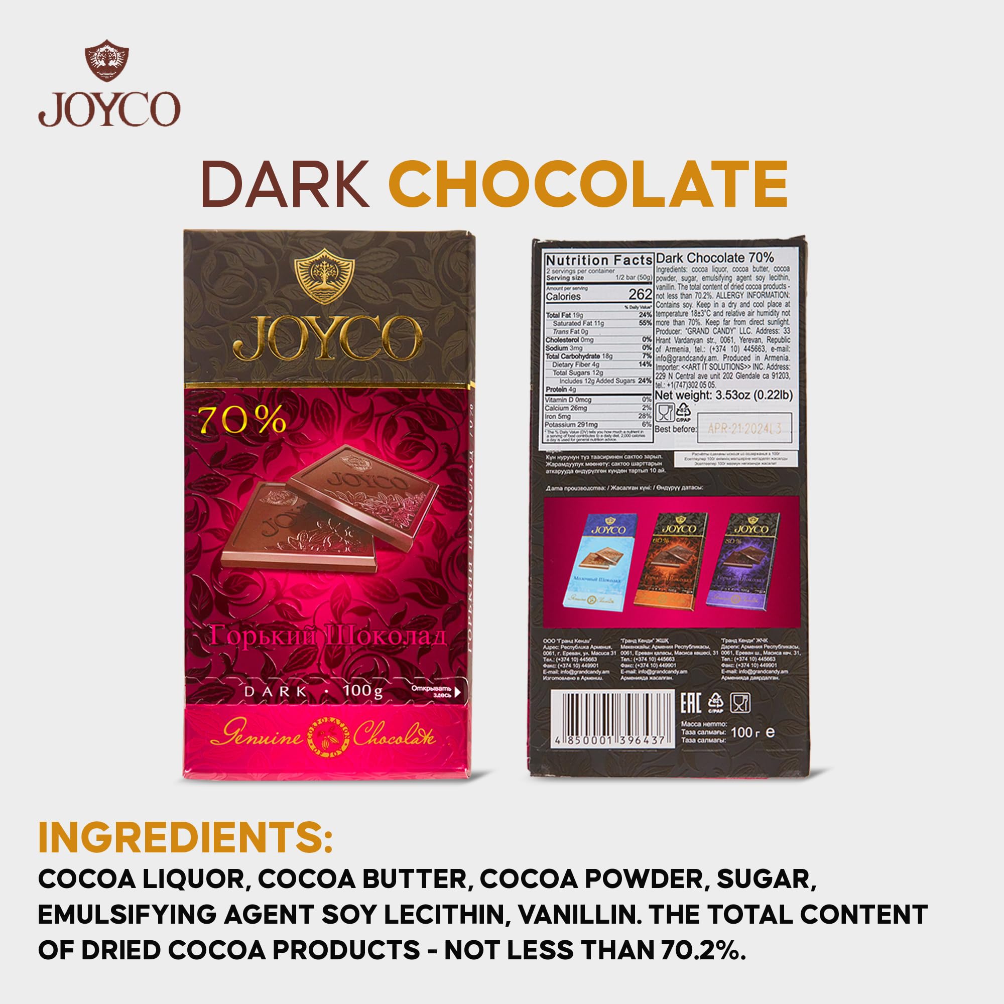 Snapklik.com : JOYCO 70% Dark Chocolate Bars - Dark Chocolate Candy ...