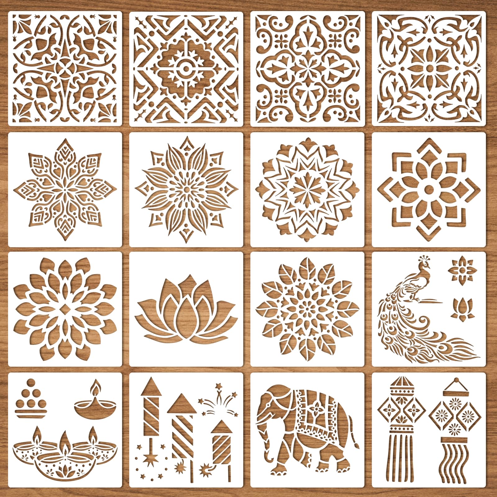 HOWAF 16pcs Rangoli Stencils for Diwali, Stencils for Crafts Reusable ...