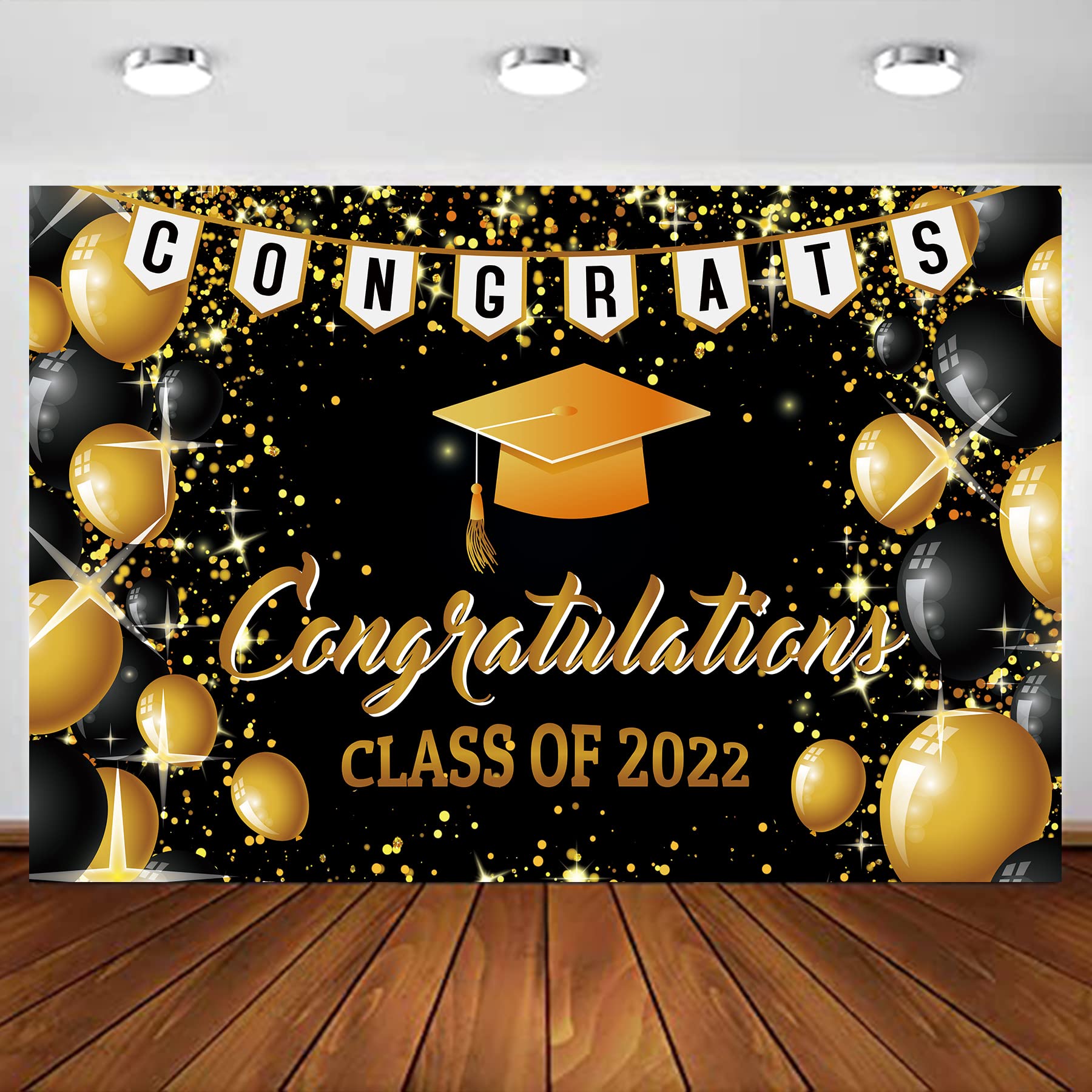 Buy Graduation Backdrop Banner Fobeone Large Black and Gold Congrats ...