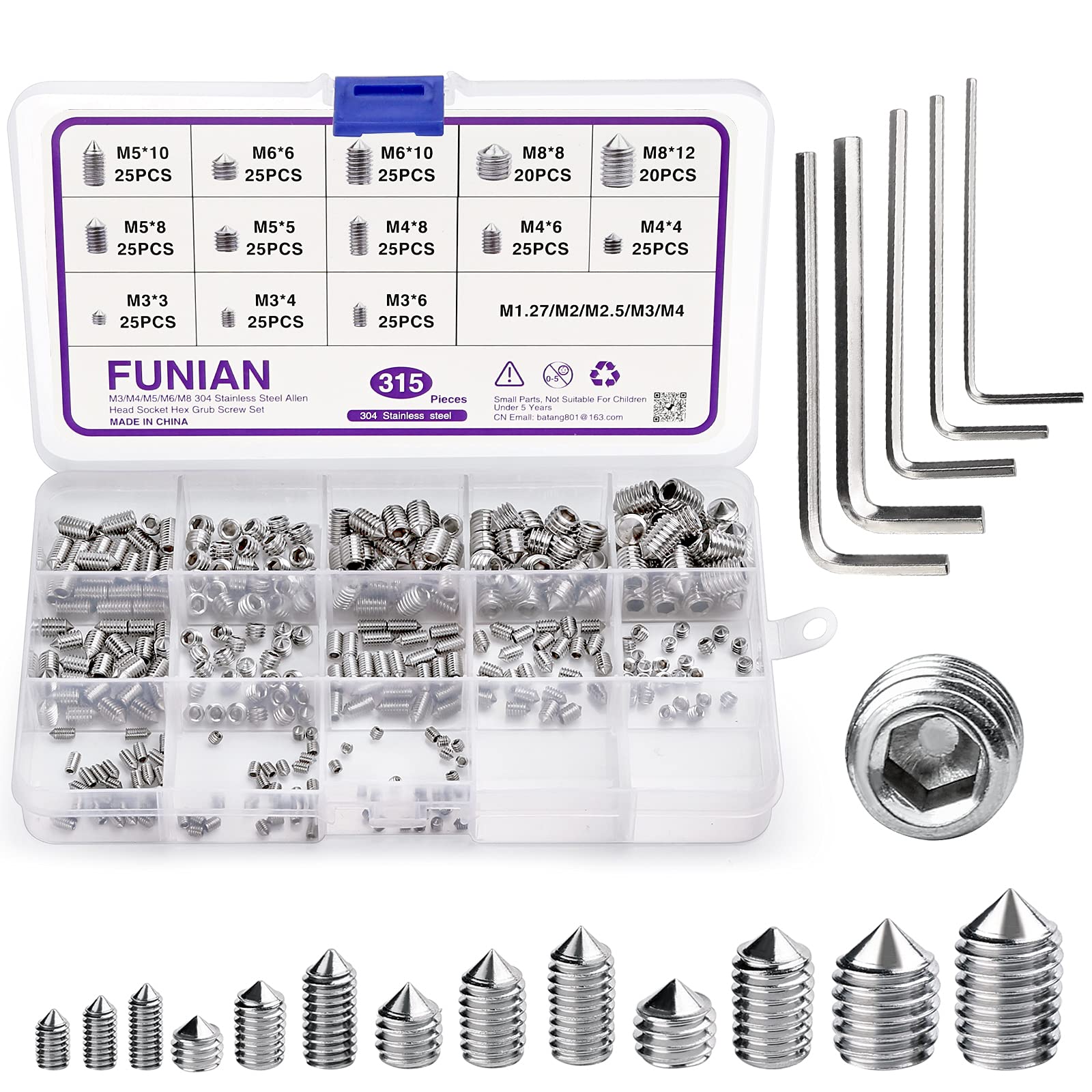 315Pcs Grub Screw M3 M4 M5 M6 M8, Cone Point Socket Allen Key Grub ...