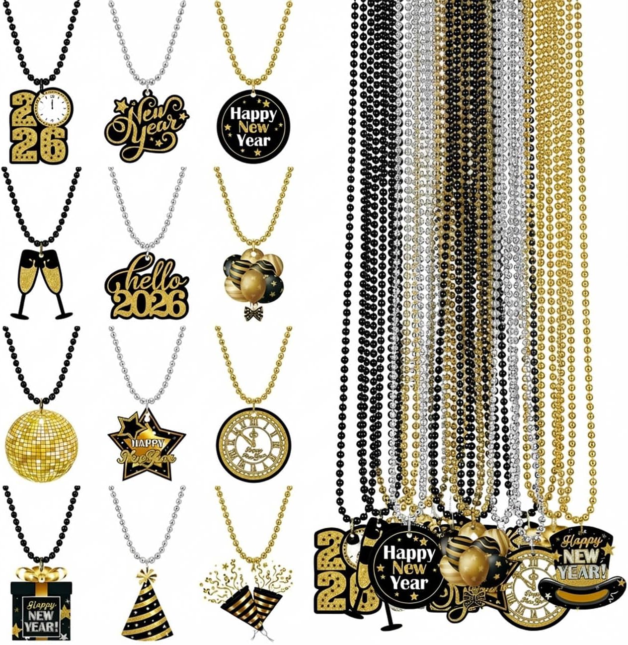 Amazon.com: Yoridis 24 Pcs New Year Bead Necklaces with Pendant – Black ...