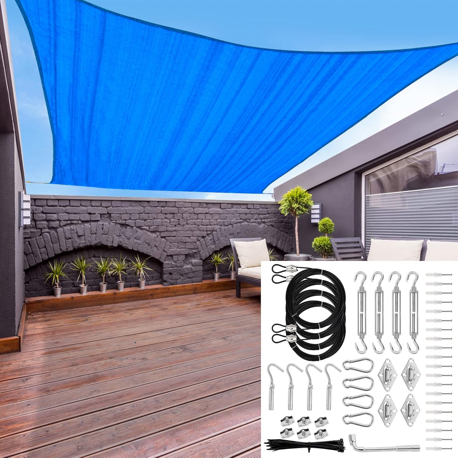 Amazon.com: Sun Shade Sail 8'x10' Blue & Shade Sail Hardware Kit with ...