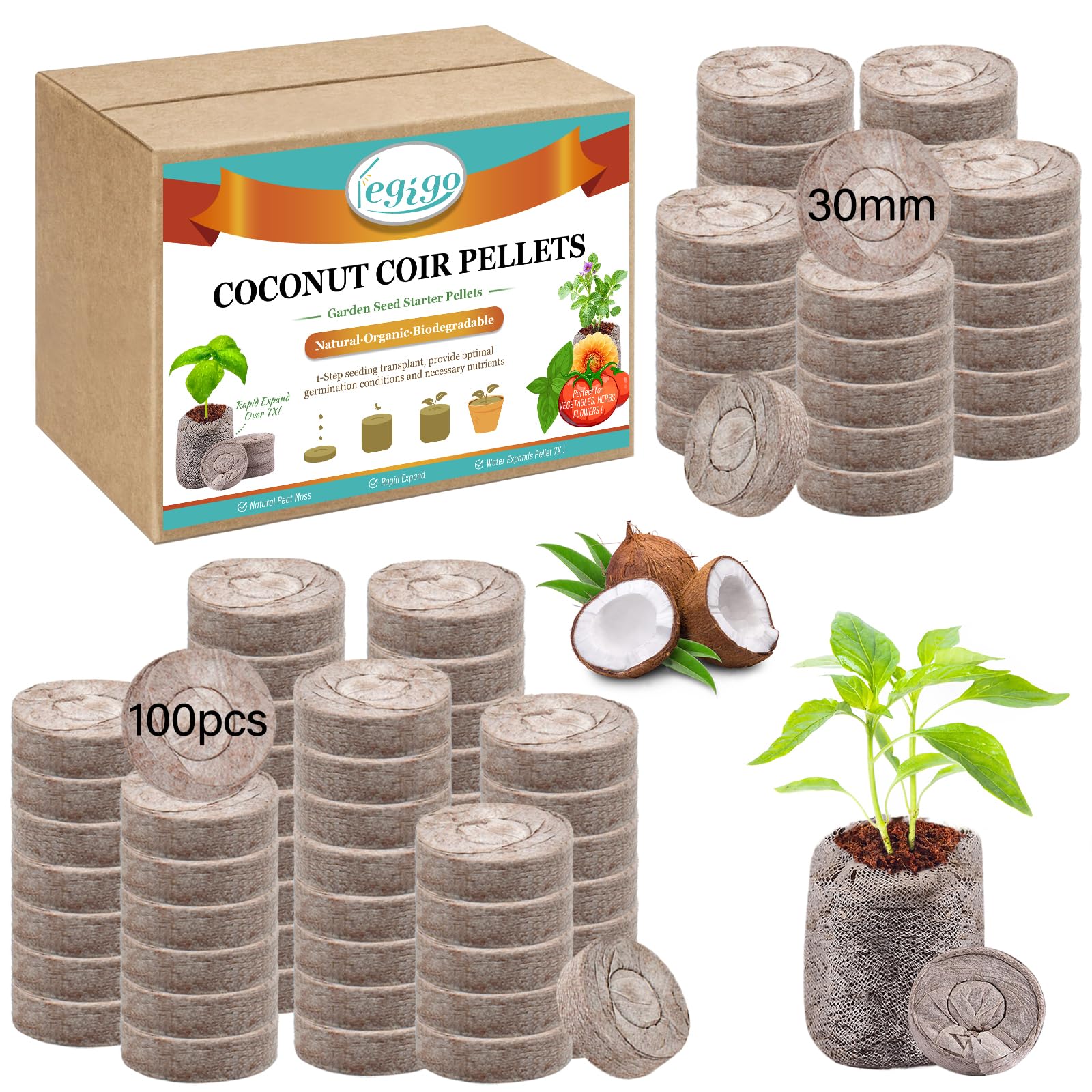 Amazon.com : Legigo 100 PCS Coco Coir Seed Starter Plugs, 30mm Coconut ...