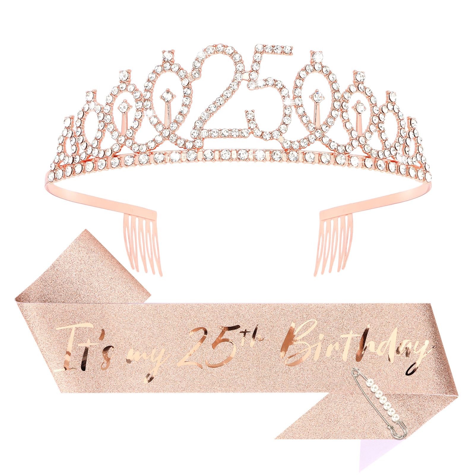 Amazon.com : CIEHER 25th Birthday Crown + 25th Birthday Sash + Pearl ...