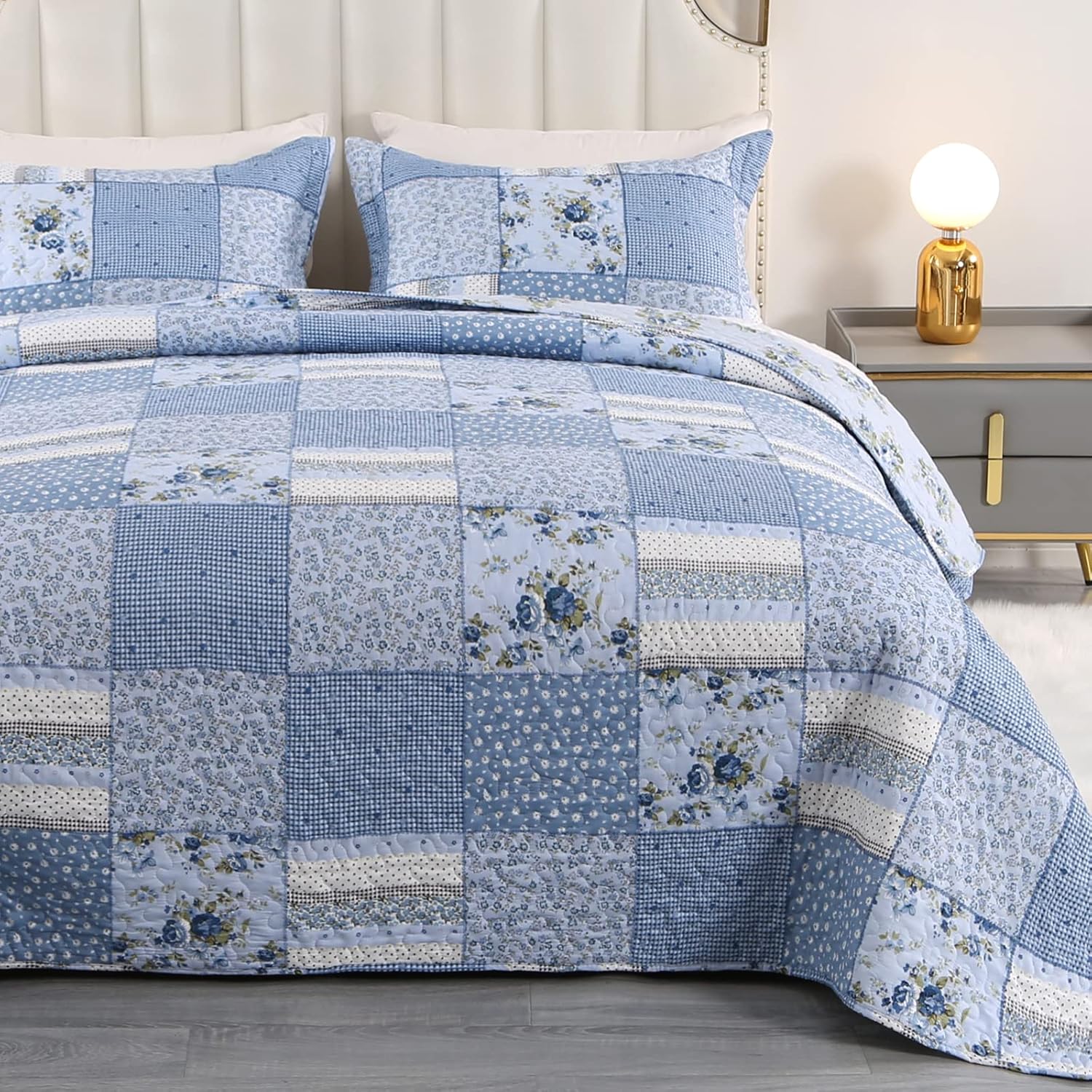 Amazon.com: ENJOHOS Blue Patchwork Quilt Set Queen Bedspread Queen Size ...
