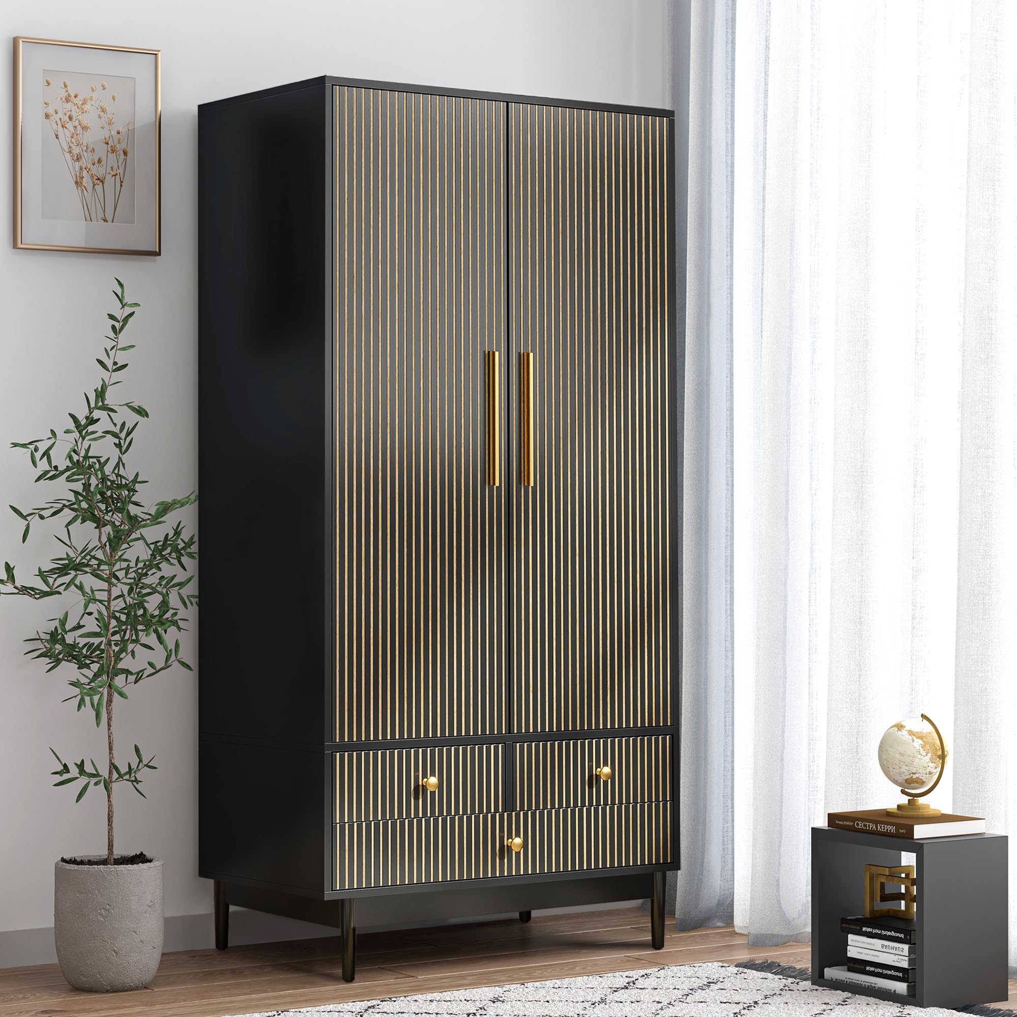 Buy Armoire Wardrobe Closet with 2 Fluted Doors Wardrobe Cabinet with ...