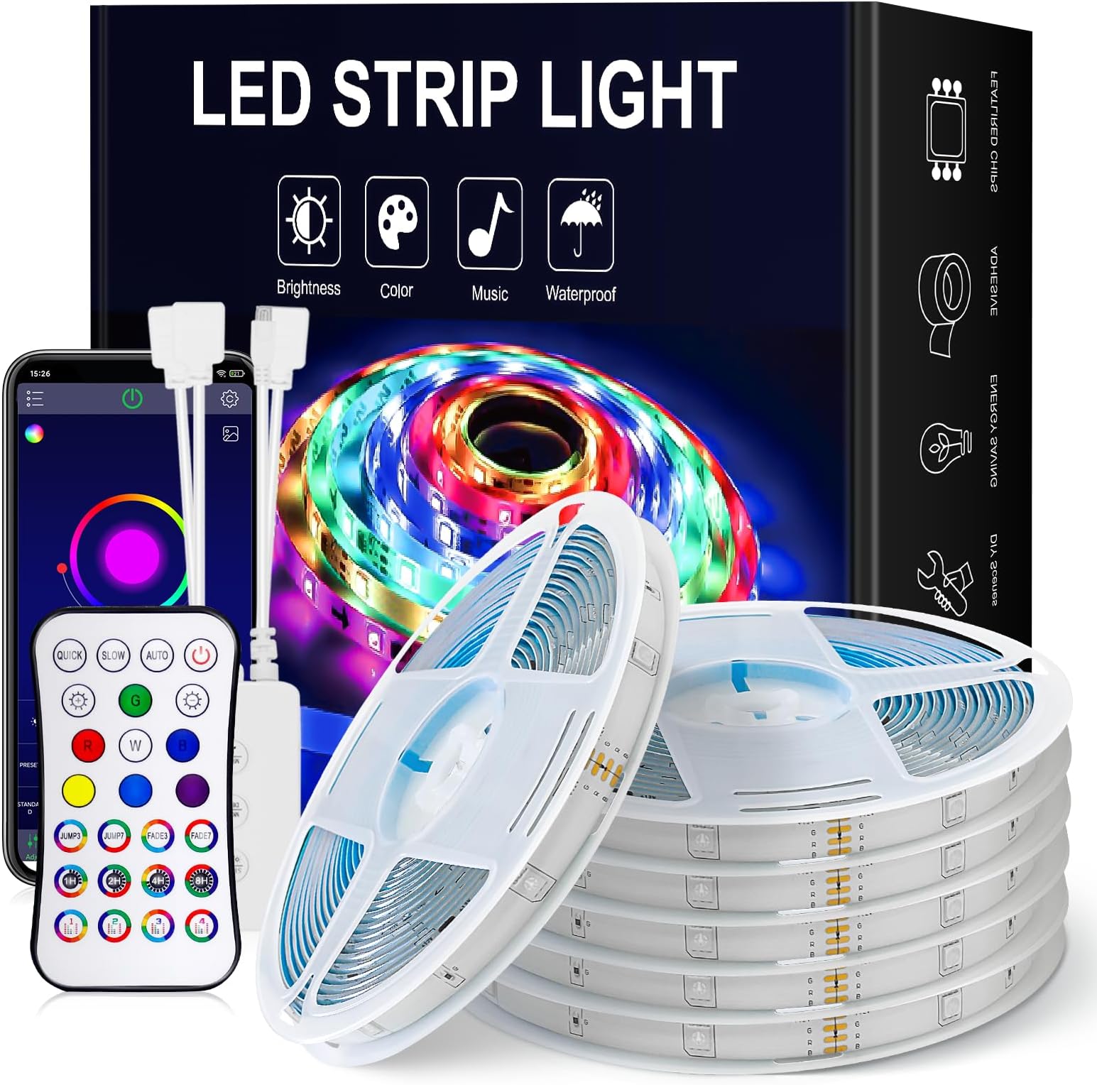 CHARKEE 100ft IP65 Bluetooth led Strip Lights Waterproof Outdoor Tape ...