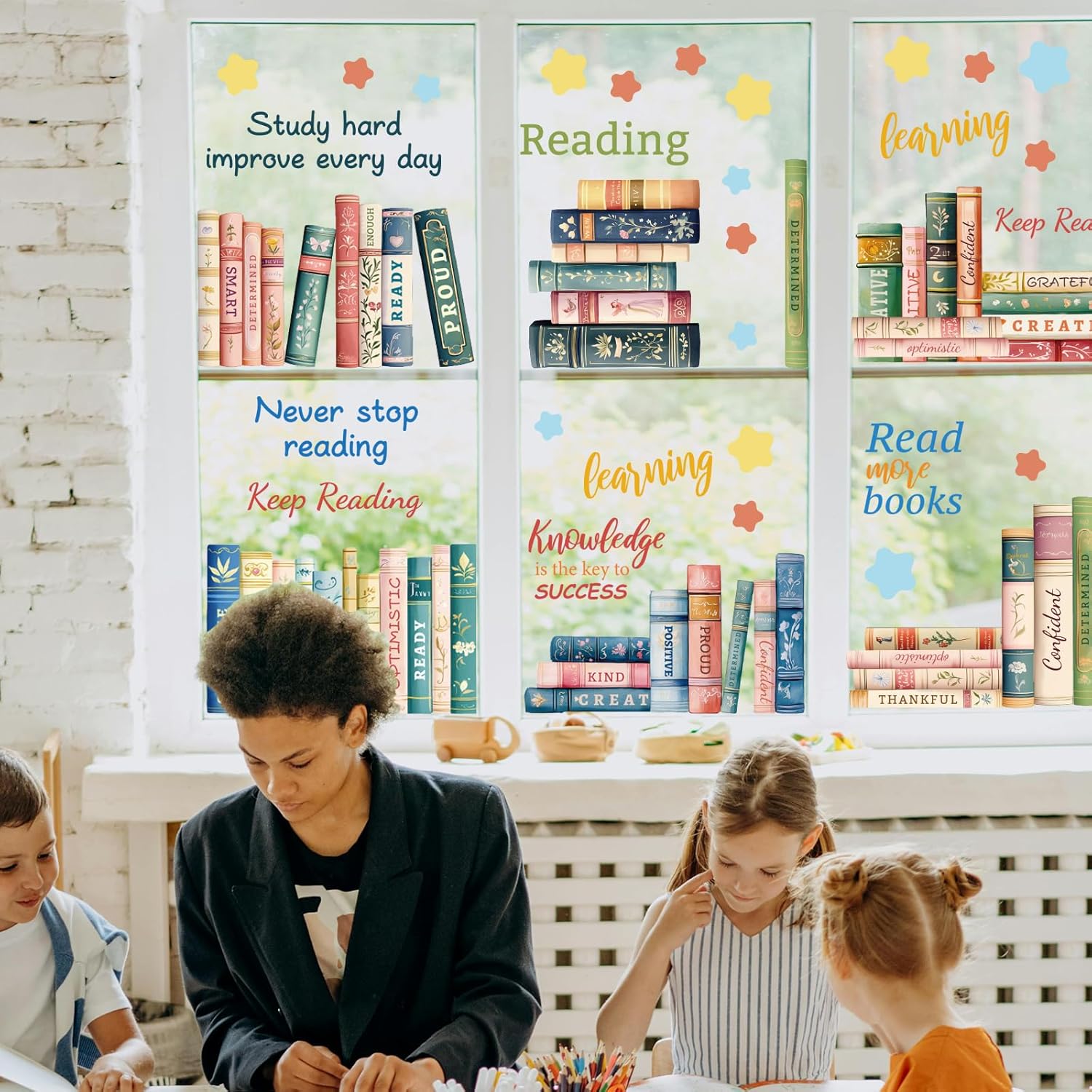 Amazon.com: PLIGREAT 6 Sheets Vintage Book Window Clings, Reading ...