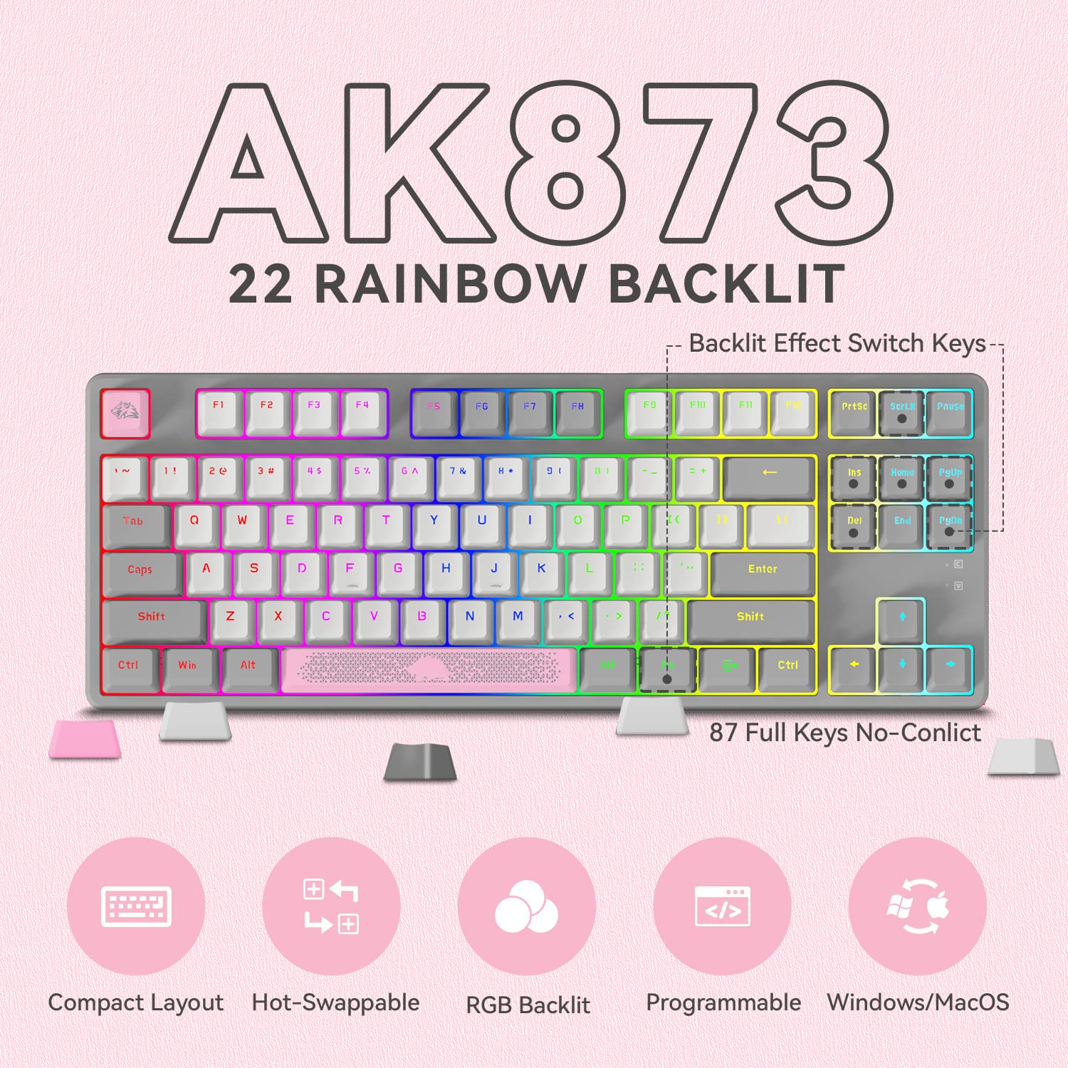 Ajazz AK873 87 Keys Bluetooth/Wireless/Wired Three-Mode Hot, 49% OFF