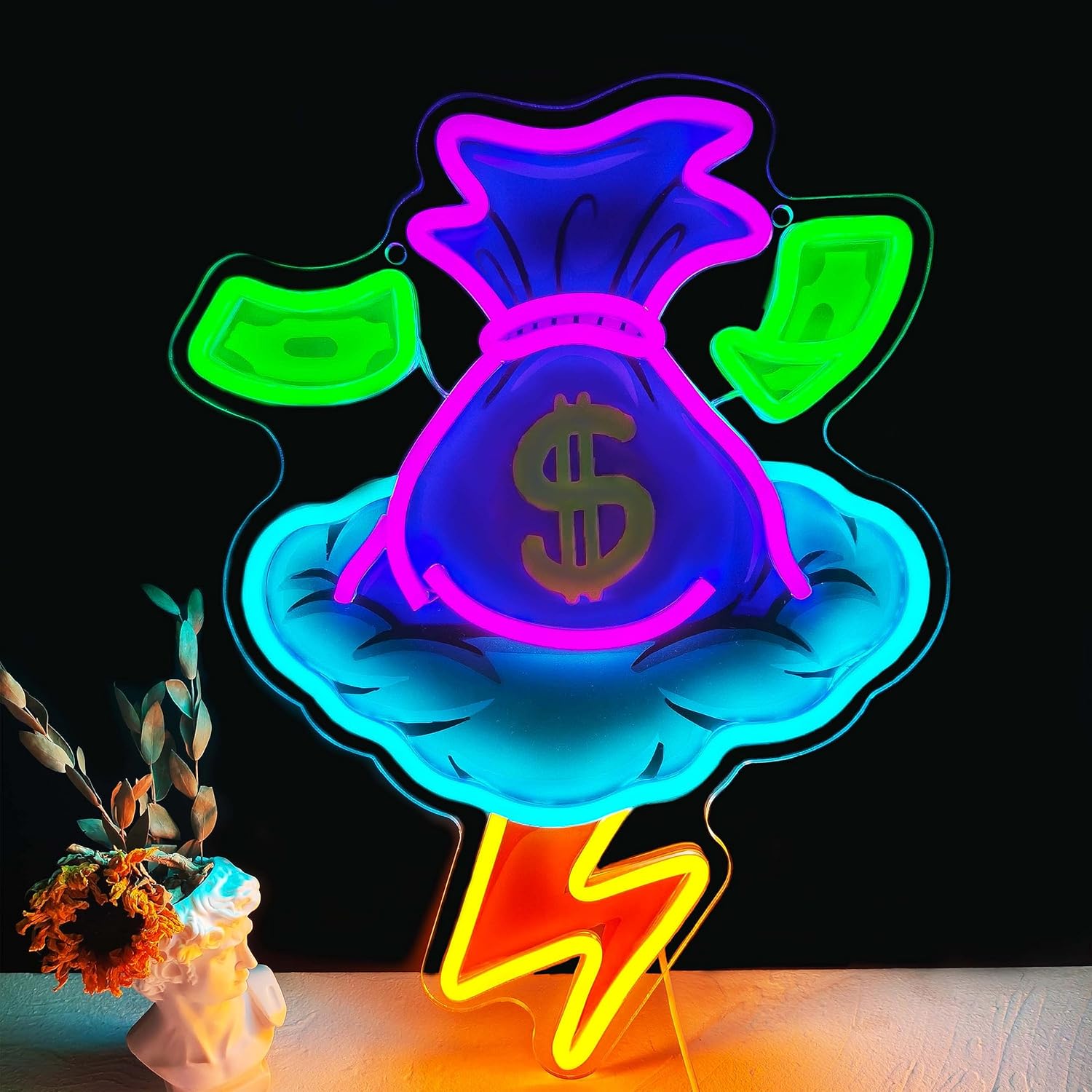 Amazon.com: Flybaby Money Bag Neon Sign for Wall Decor Lightning Bolt ...