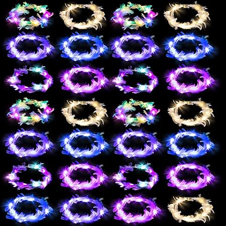 Amazon.com : 28 Pcs Feather Crown Headband Luminous Light Up Feather ...