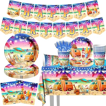 Amazon.com: 142pcs Sunset Beach Summer Tableware Set Beach Theme Party ...