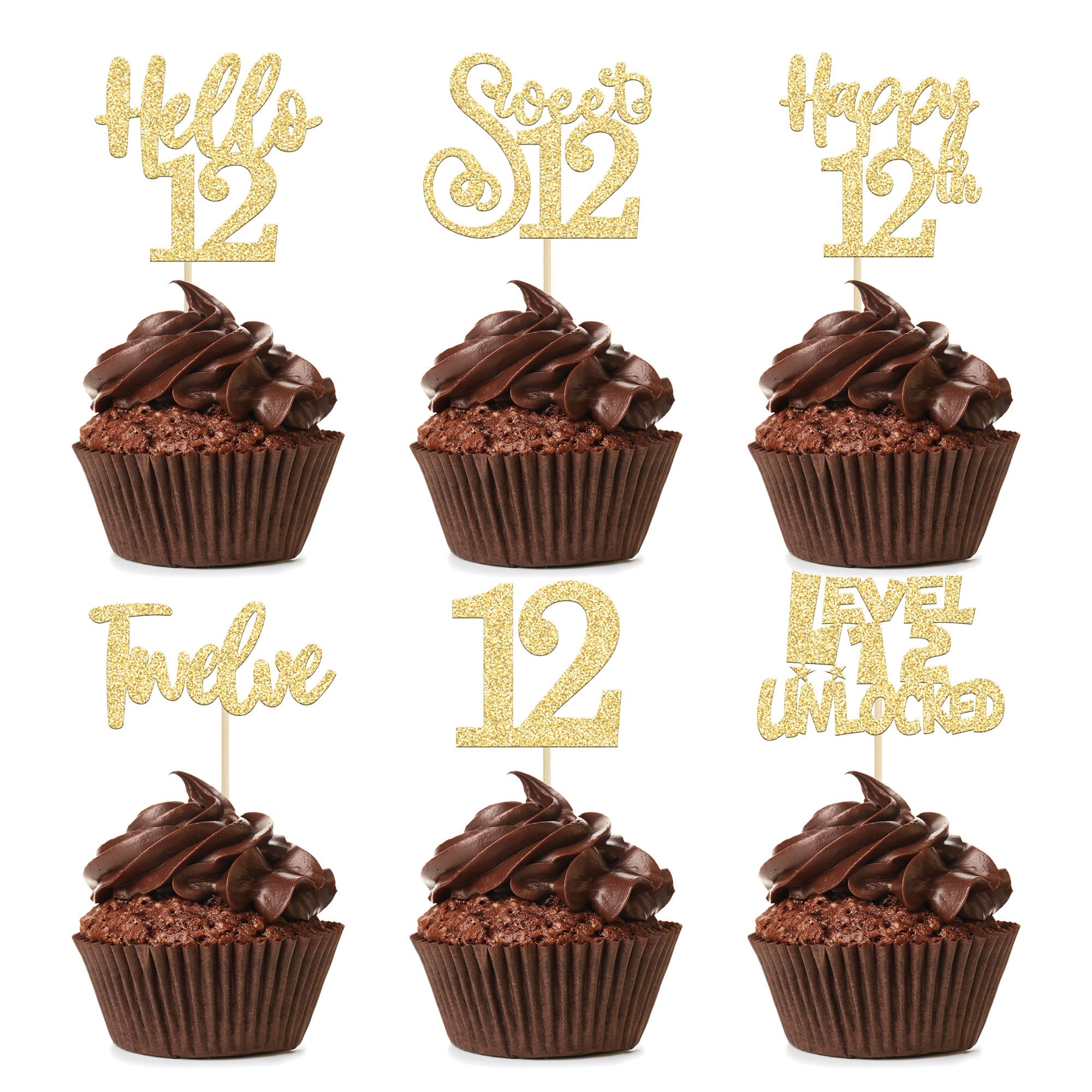 Amazon.com: 36Pcs Gold Glitter 12th Birthday Cupcake Toppers Hello 12 ...